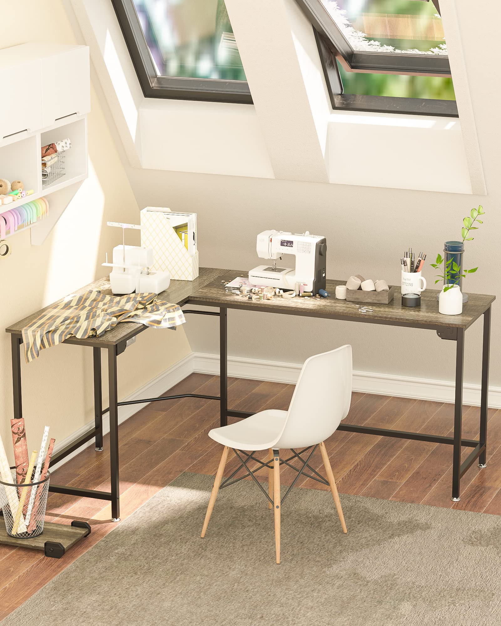 Teraves Modern L-Shaped Desk 58'' Corner Computer Desk Home Office Study Workstation Wood & Steel PC Laptop Gaming Table