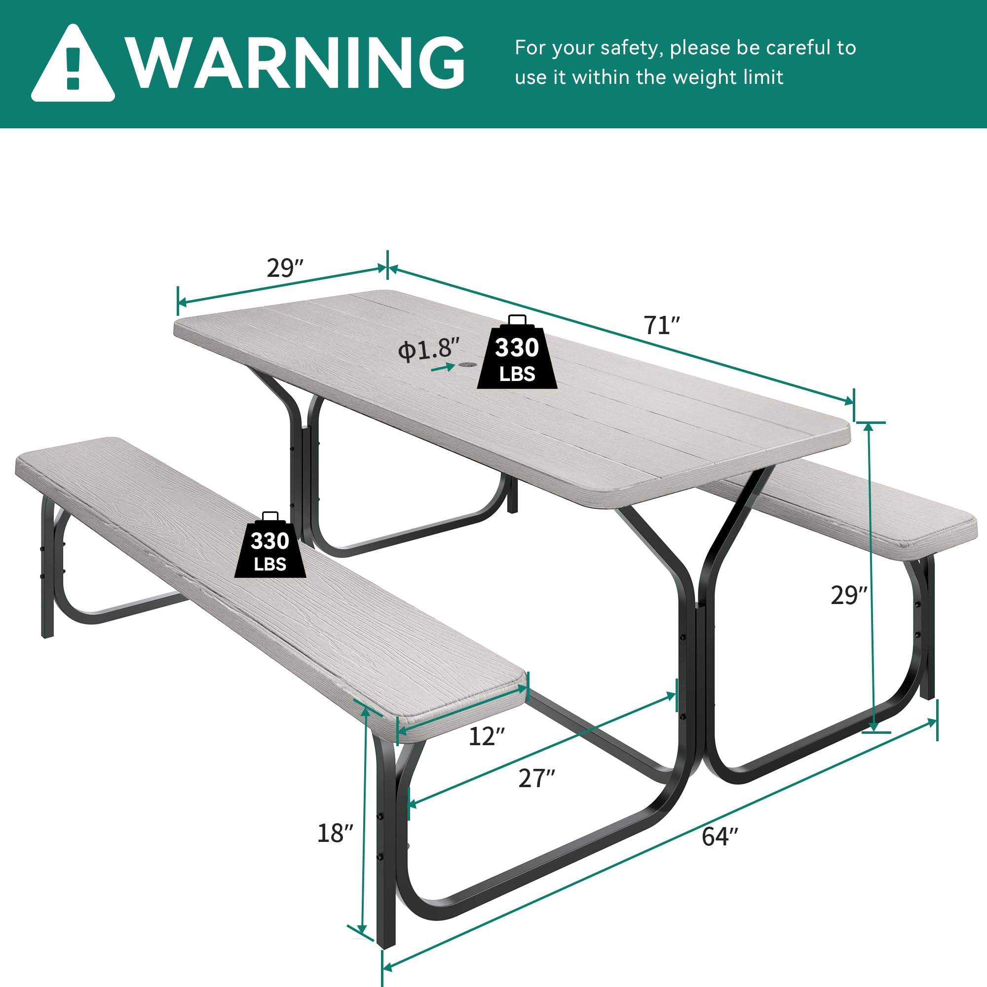 YITAHOME Picnic Table 6ft Heavy Duty Outdoor Picnic Table and Bench Resin Tabletop & Stable Steel Frame w/Umbrella Hole for Yard Patio Lawn Party Light Gray