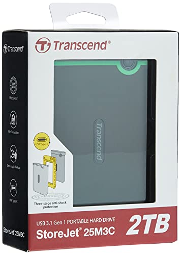 Transcend 2TB StoreJet 25M3C USB Type-C Portable Hard Drive (HDD) Rugged, Anti-shock resistant, Compact and Lightweight with Lightning-fast Speeds and a One Touch Backup Button (Iron Grey) TS2TSJ25M3C