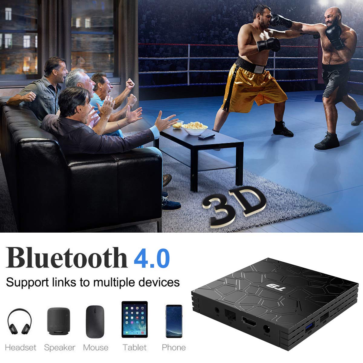 T9 Android TV Box, Android 9.0 TV Box 2GB RAM 16GB ROM with RK3318 Quad-core BT4.0 Support Dual WiFi 2.4G+5.0G 3D 4K Smart TV Box