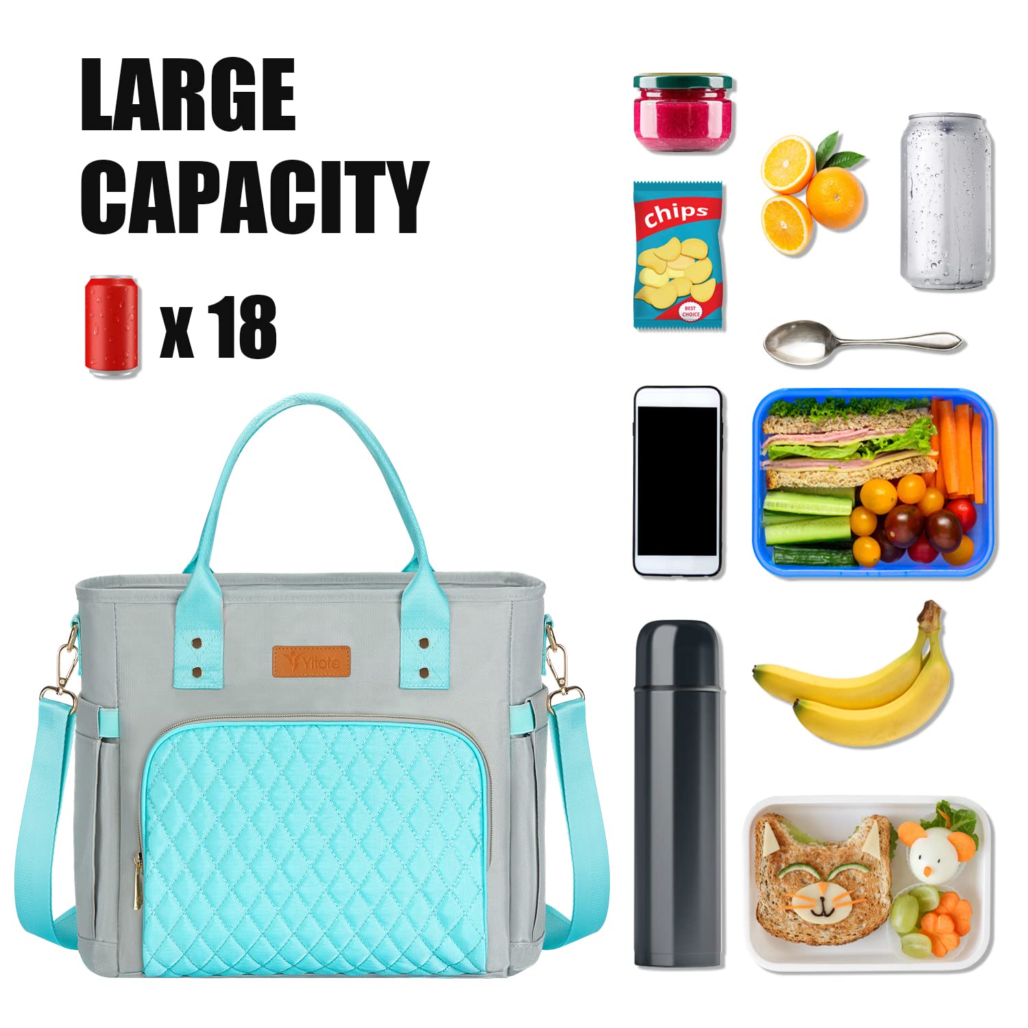 Yitote Cute Lunch Bag with Bottle Holder For Women Insulated with 4 Icepacks, ,Lunch Box with Adjustable Shoulder Strap For Work (Green Gray)