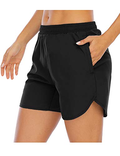 XIEERDUO Women's 5'' Athletic Running Shorts with Mesh Liner Zipper Pockets Gym Workout Training Quick Dry Black XS