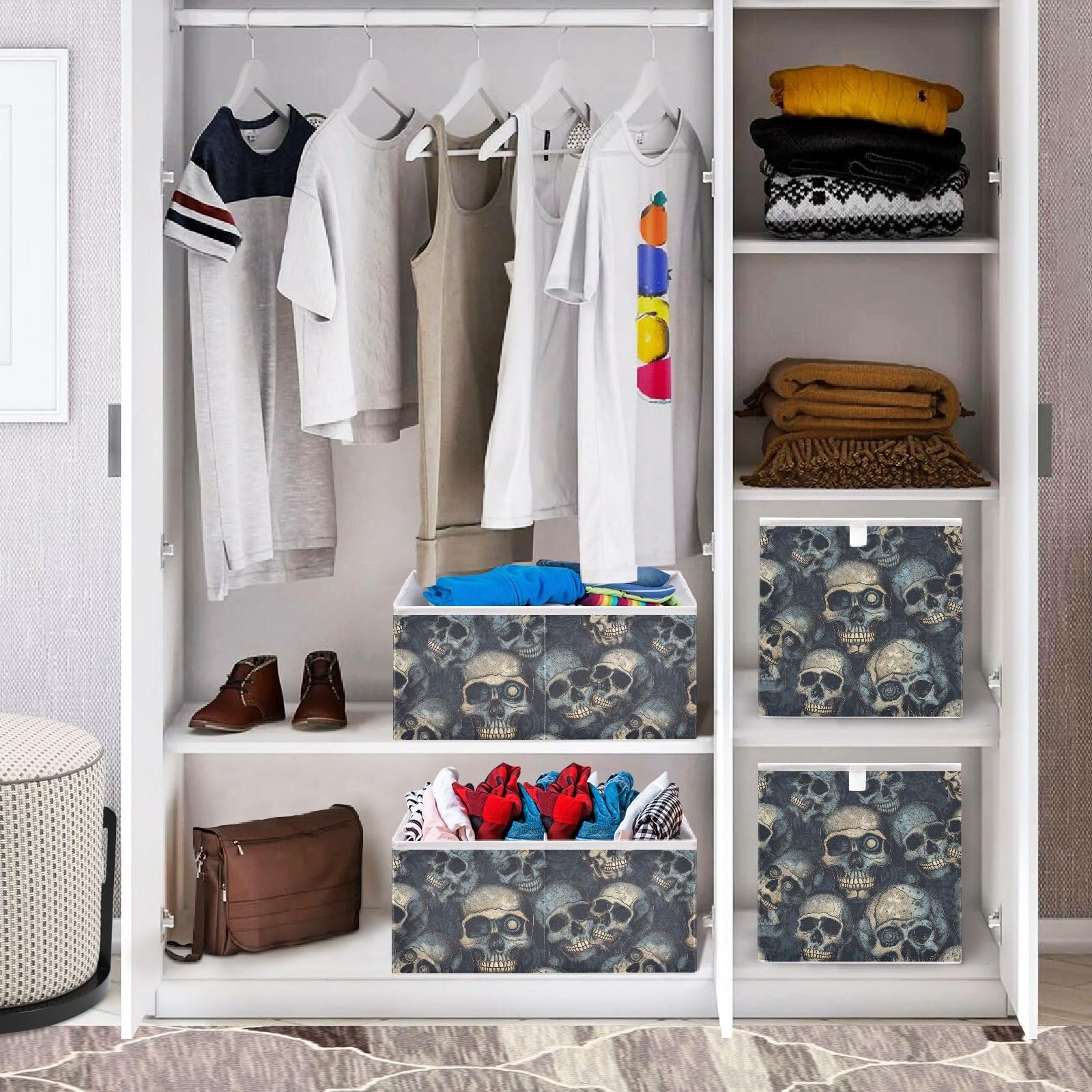 Vnurnrn Fabric Cube Collapsible Storage Cube Gothic Skulls Print, Storage Bins with Support Board, Foldable Basket for Shelf Closet Cabinet 15.75×10.63×6.96 in
