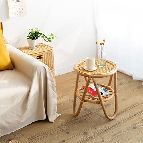 Sofa Side Table Couch Table Natural Rattan Round Side Table with Storage Shelf, Nightstand Modern End Table for Living Room Bedroom Office Small Spaces, Hand-Woven Rattan End Table Coffee Table