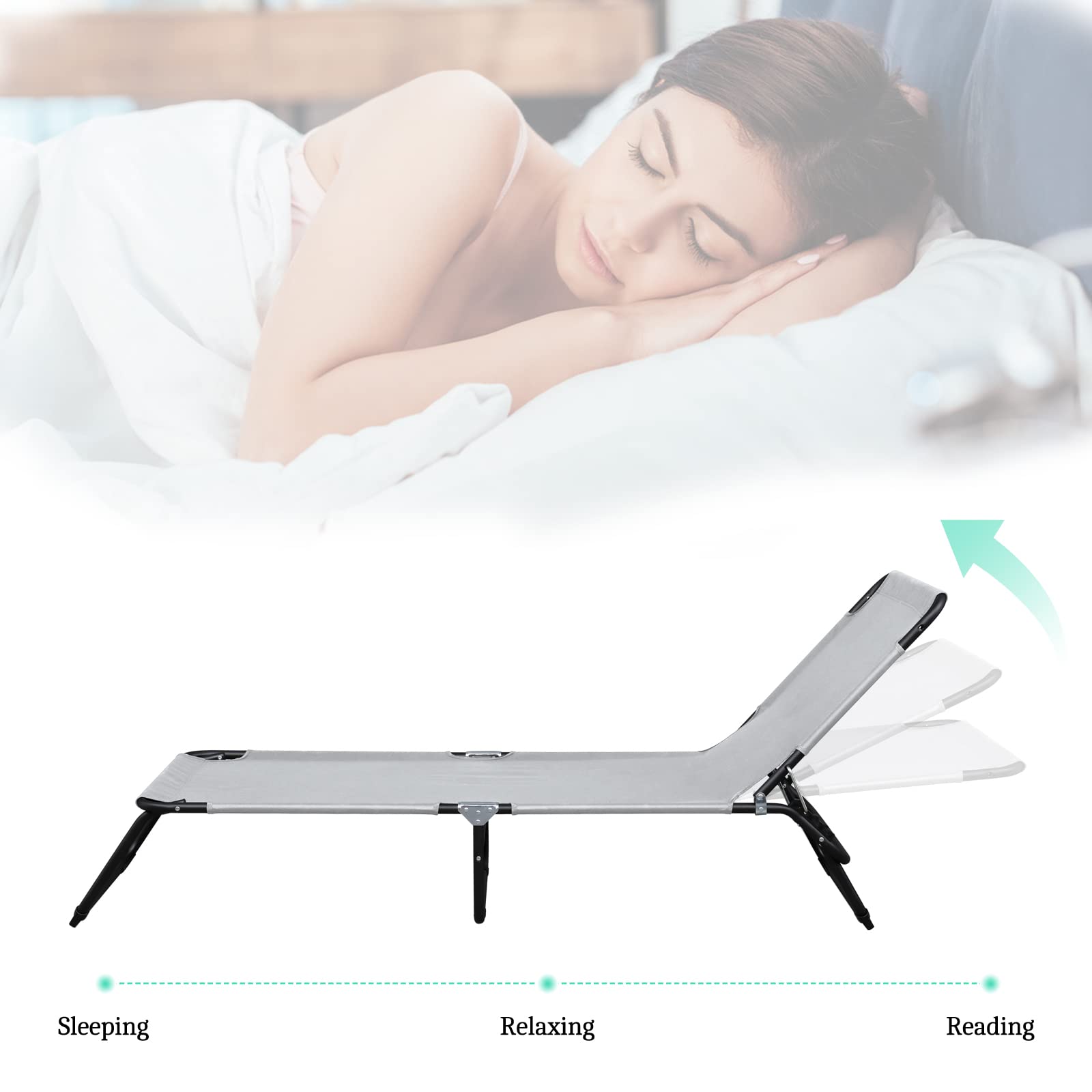 VINGLI Folding Chaise Lounge, Adjustable 4 Position Patio Chair Recliner, Sunbathing Chair for Beach Outdoor Pool Patio Deck (Grey, without Canopy)