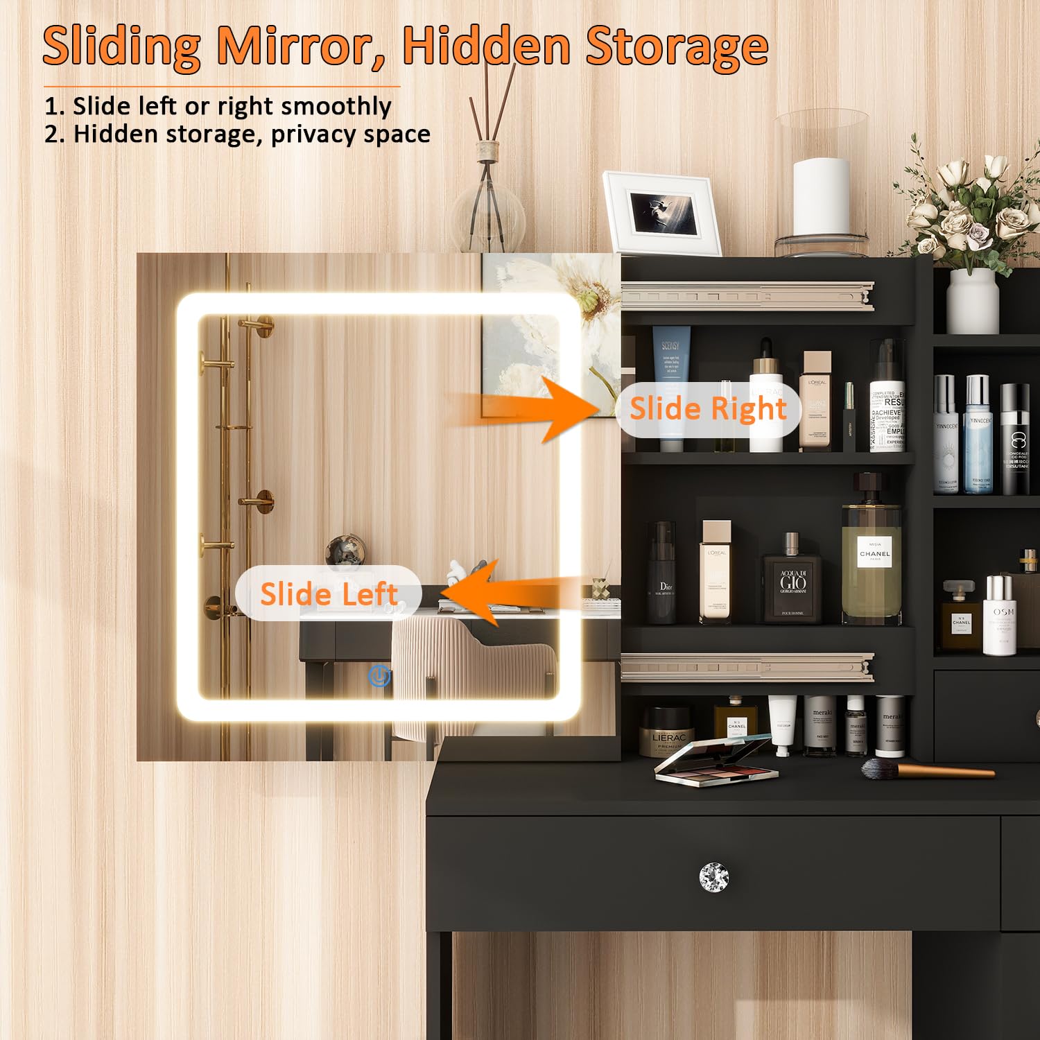 Sokiche Makeup Vanity Desk with Sliding Mirror and LED Lights & Charging Station, 35.4" Black Vanity Table Set with 6 Drawers & 6 Shelves, 3 Light Modes, Dressing Table for Bedroom, Stool Included