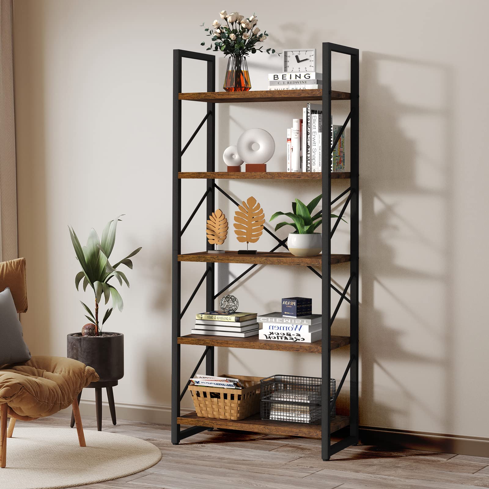 YITAHOME 5 Tier Bookcase, Artsy Modern Bookshelf, Book Rack, Storage Rack Shelves & 5 Tiers Bookshelf, Artsy Modern Bookcase, Book Rack, Storage Rack Shelves Books Holder Organizer - Rustic Brown