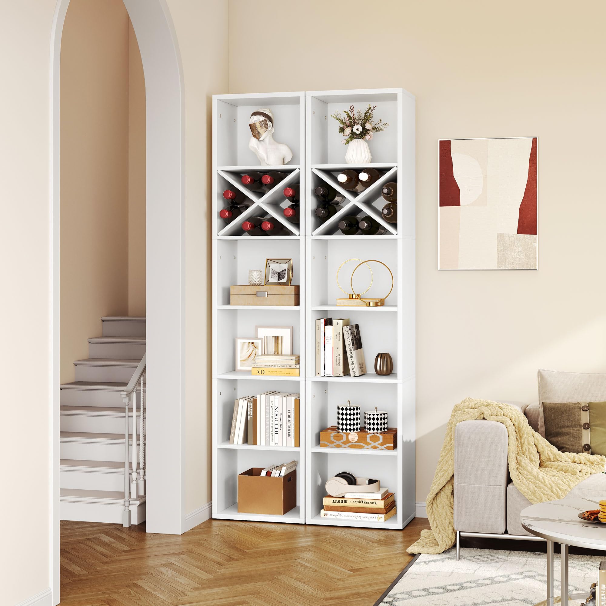 YITAHOME 70.9" Tall Narrow Bookcase, Modern Open Wooden Bookshelf with Wine Rack, 6 Tier Cube Display Shelves for Living Room/Kitchen/Bedroom/Dining Room, White