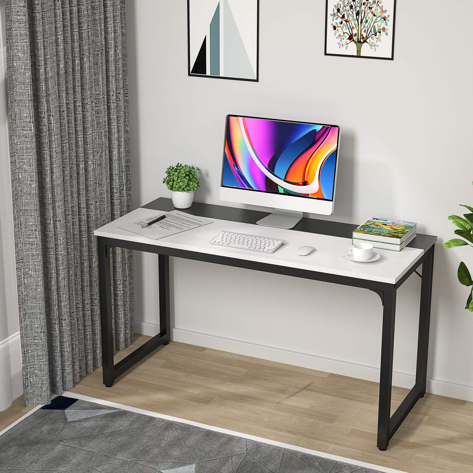 Topfurny Desk Computer Desk 55 Inch Home Office Study Writing Desk Modern Simple Sturdy PC Laptop Desk Table Gaming Desks Wooden Desk Space Saving Easy to Assemble Desk, White and Black
