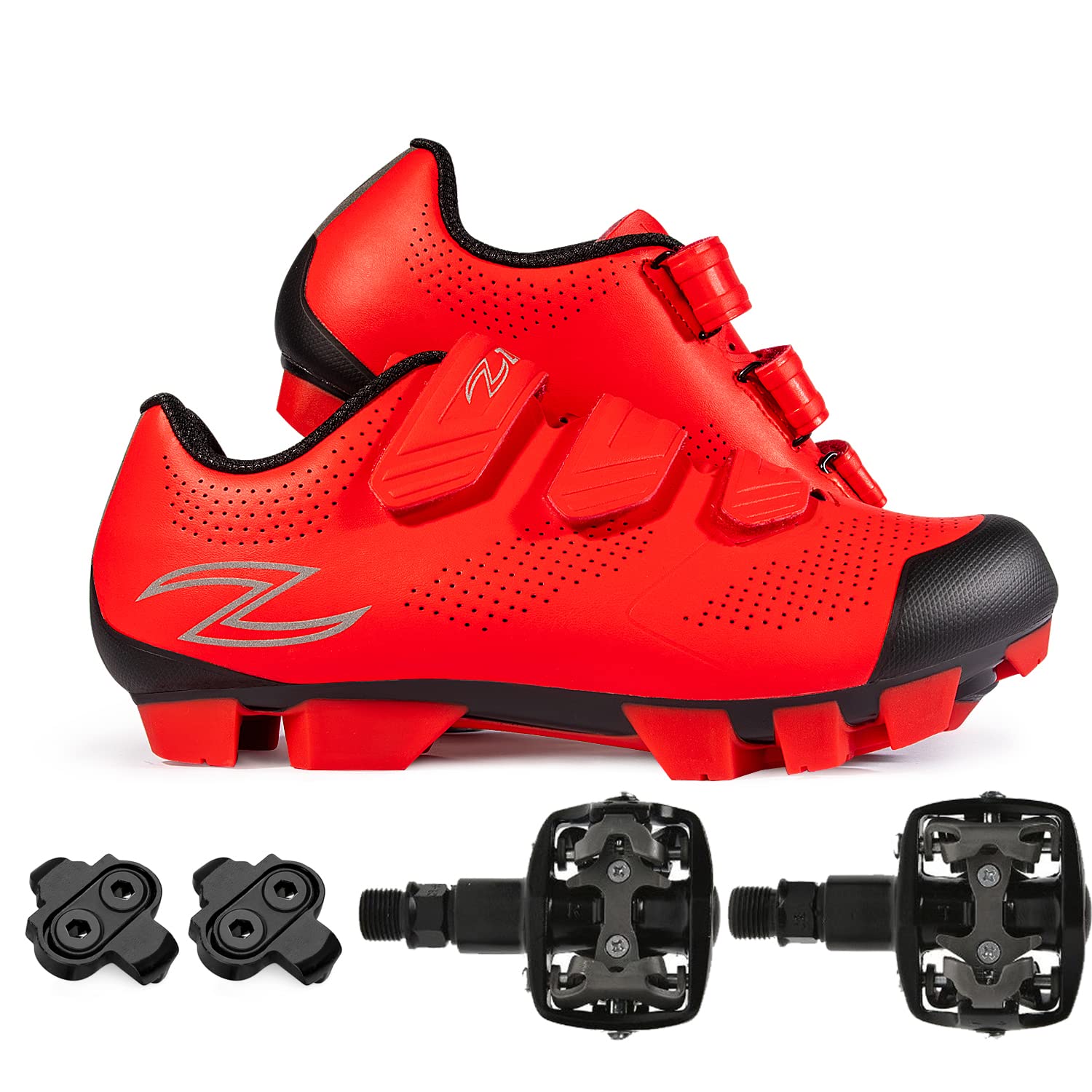 Zol Raptor MTB and Indoor Cycling Shoes with Pedals and Cleats (9 Medium, Red)