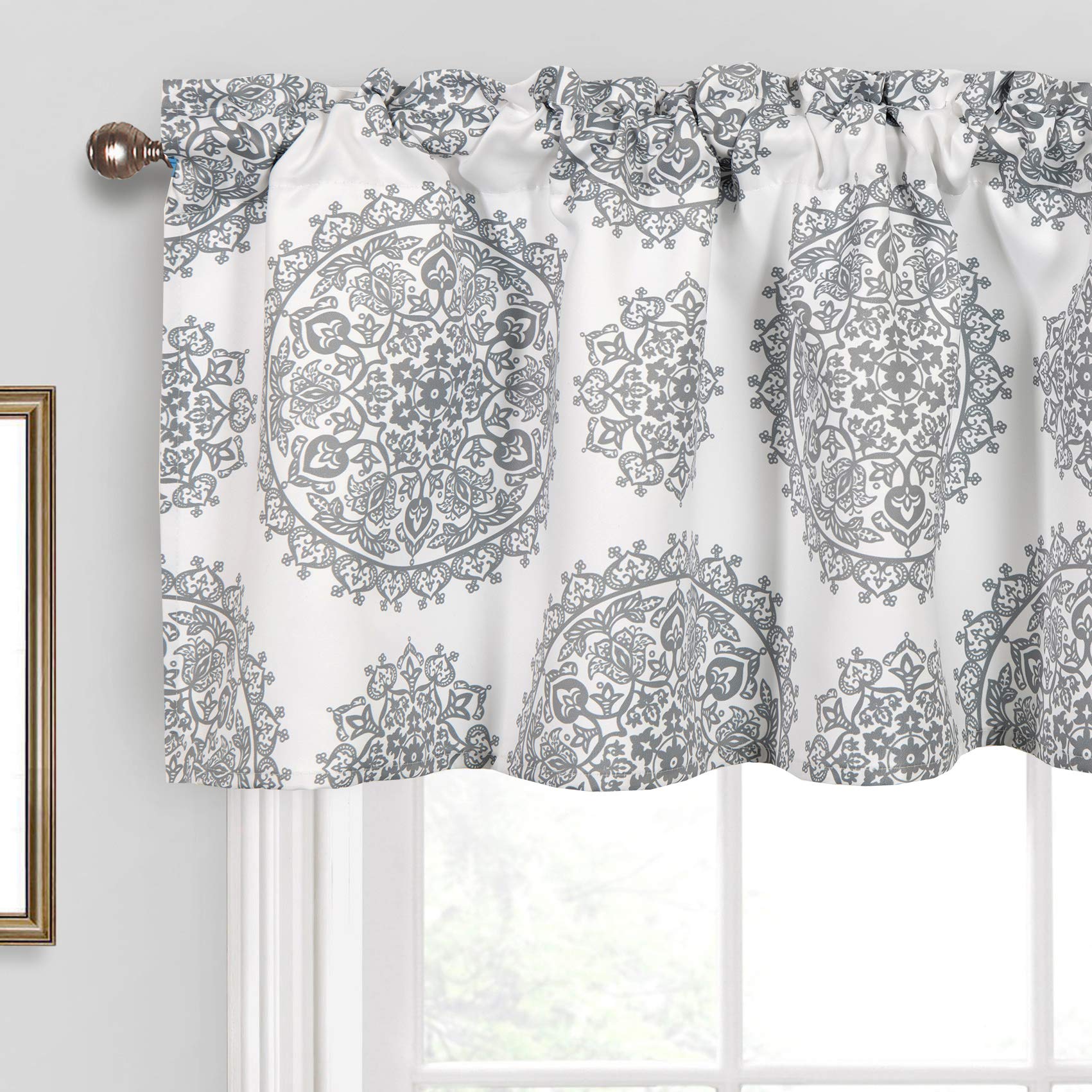 Th3mys Medallion Valance for Windows, Rod Pocket Floral Printed Gray Window Curtain Valance for Living Room Bedroom Kitchen 52 by 18 Inch Gray