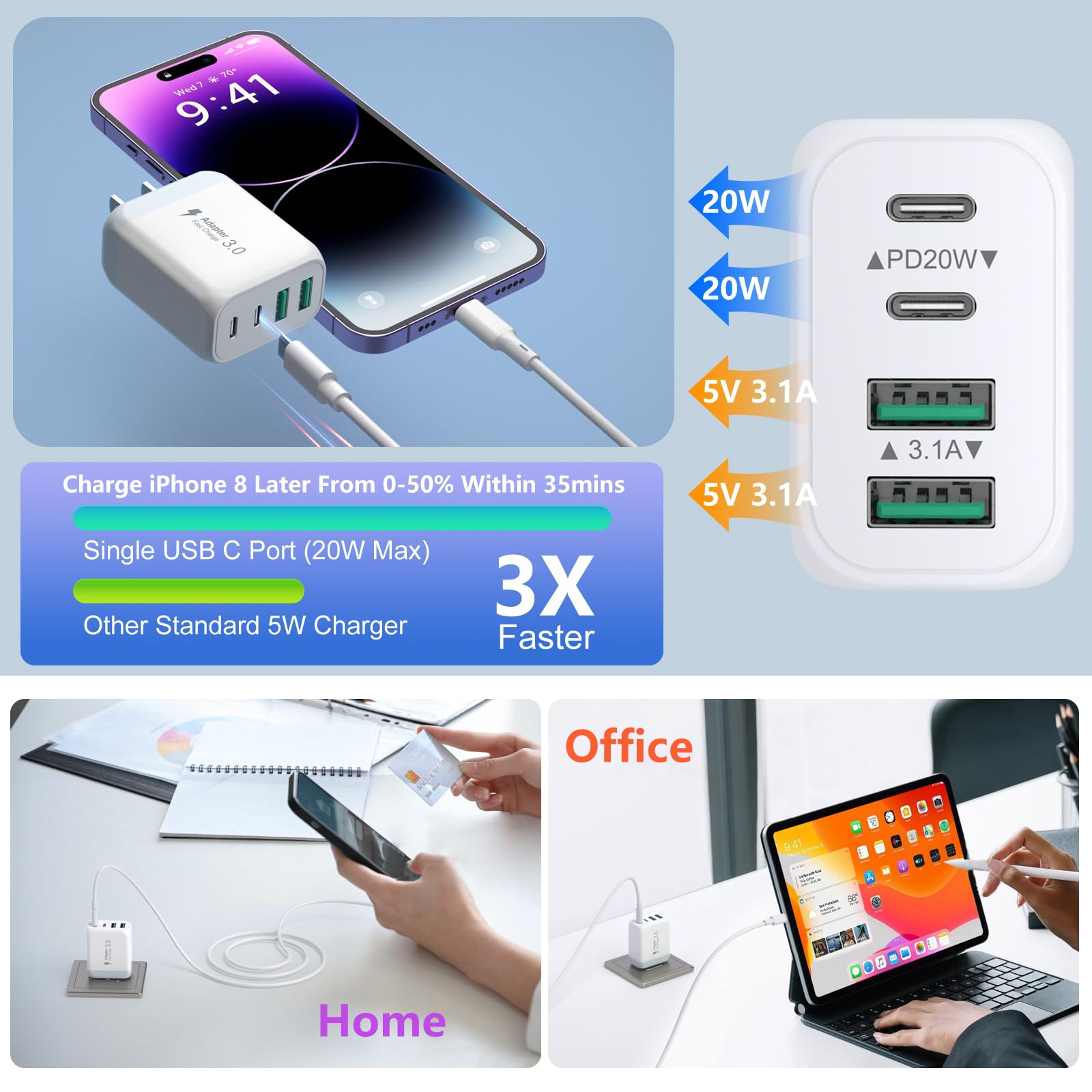 USB C Fast Charger for iPhone 15/15 Pro Max Fast Charging, 2 Pack 40W 4-Port USB C Charger Block Power Adapter with 6ft USB C Cable for iPhone 15 Pro Max/15Pro/15/15Plus,iPad Pro/Air,AirPods,Samsung