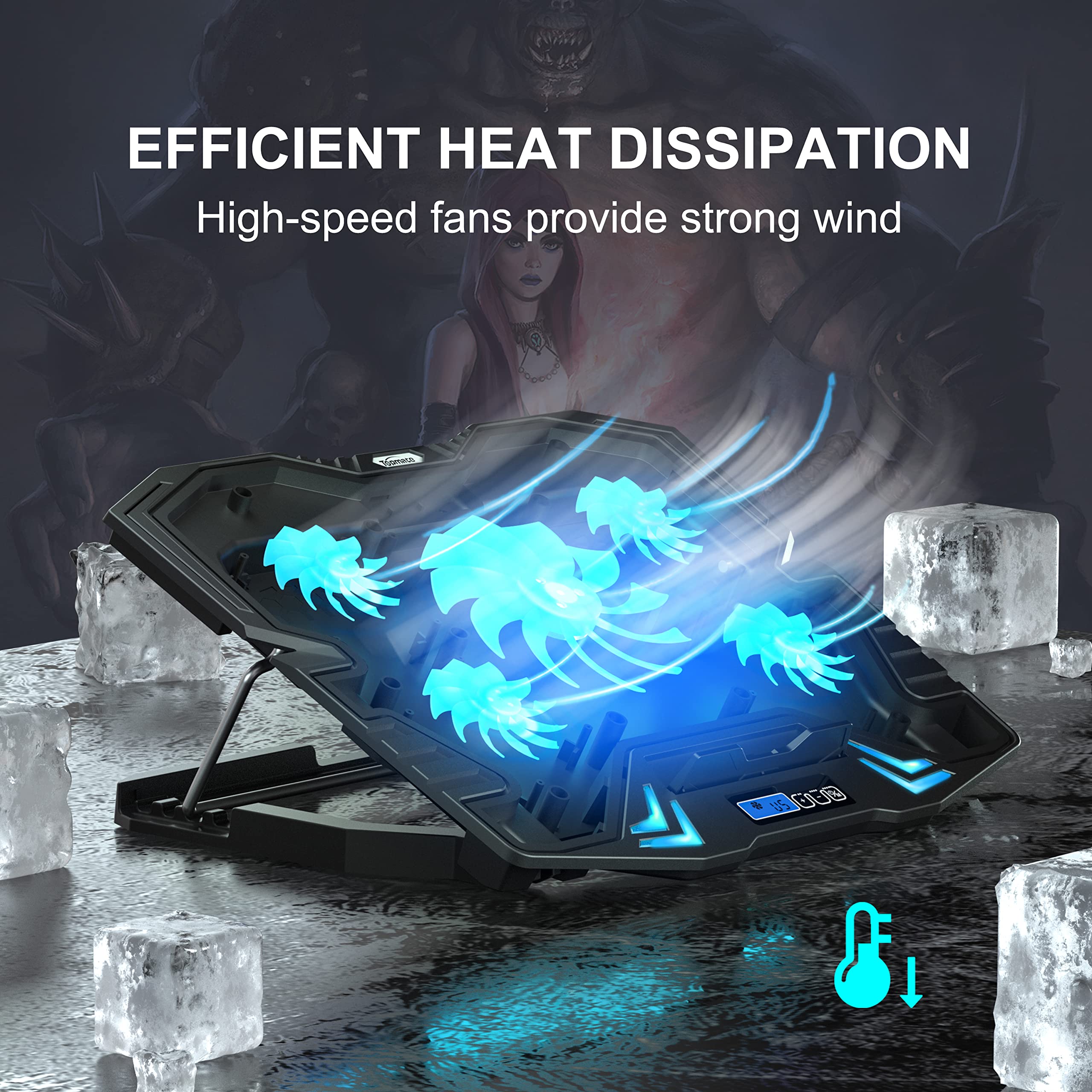 TopMate C5 Laptop Cooling Pad Gaming Notebook Cooler, Laptop Fan Cooling Stand Adjustable Height with 5 Quiet Fans Ice Blue LED Light, Computer Chill Mat with LCD Controller, for 10-15.6 Inch Laptops