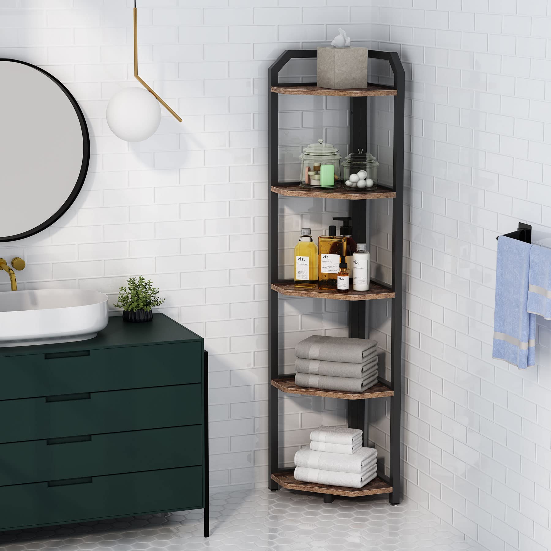 Tribesigns Corner Shelf, 5 Tier Corner Bookshelf and Bookcase Rustic Corner Storage Shelving Unit Indoor Plant Stand for Living Room, Home Office, Small Space (Brown)