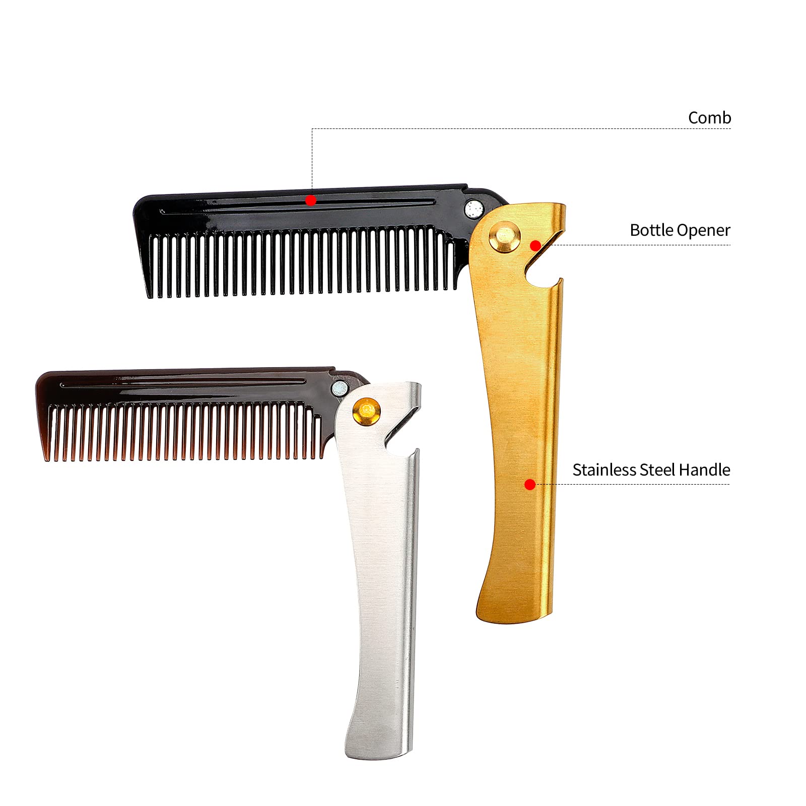 WXLAA Beard Comb Pack 2 Stainless Steel Folding Pocket Antistatic Mustache Comb Multi-function Bottle Opener Key Chain Comb Tool