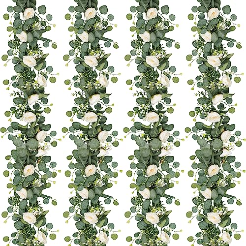 TOCHGREEN 4 Pack Artificial Eucalyptus Flower Garland with White Roses, Fake Rose Flower Greenery Garland Floral Vines for Wedding Home Party Table Runner Decor (4PCS, white)
