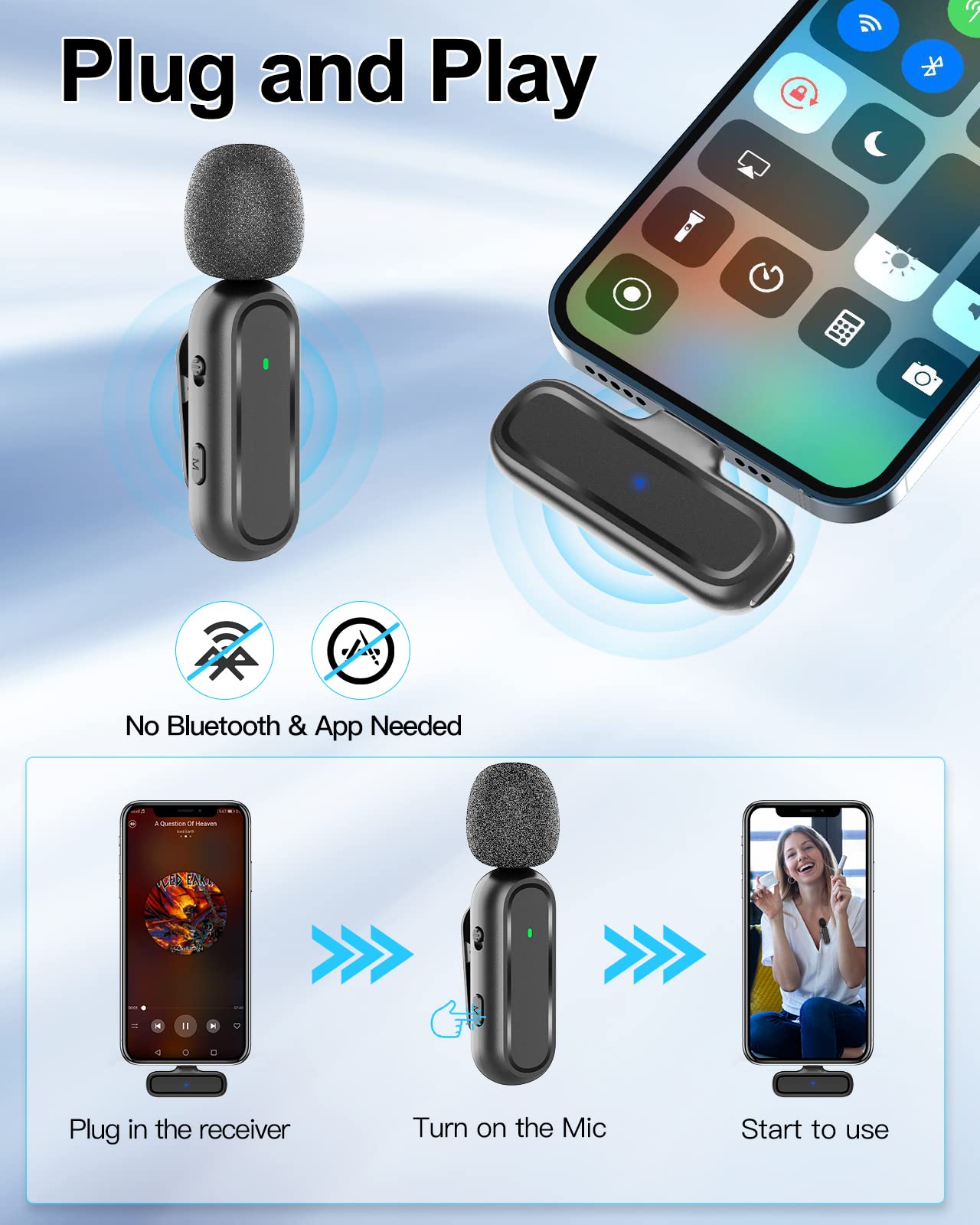 XTACO Wireless Microphone for iPhone iPad, Wireless Lavalier Microphone Lapel Mic with Charging Case and Built-in Noise Reduction Chip for Video Recording, Plug&Play