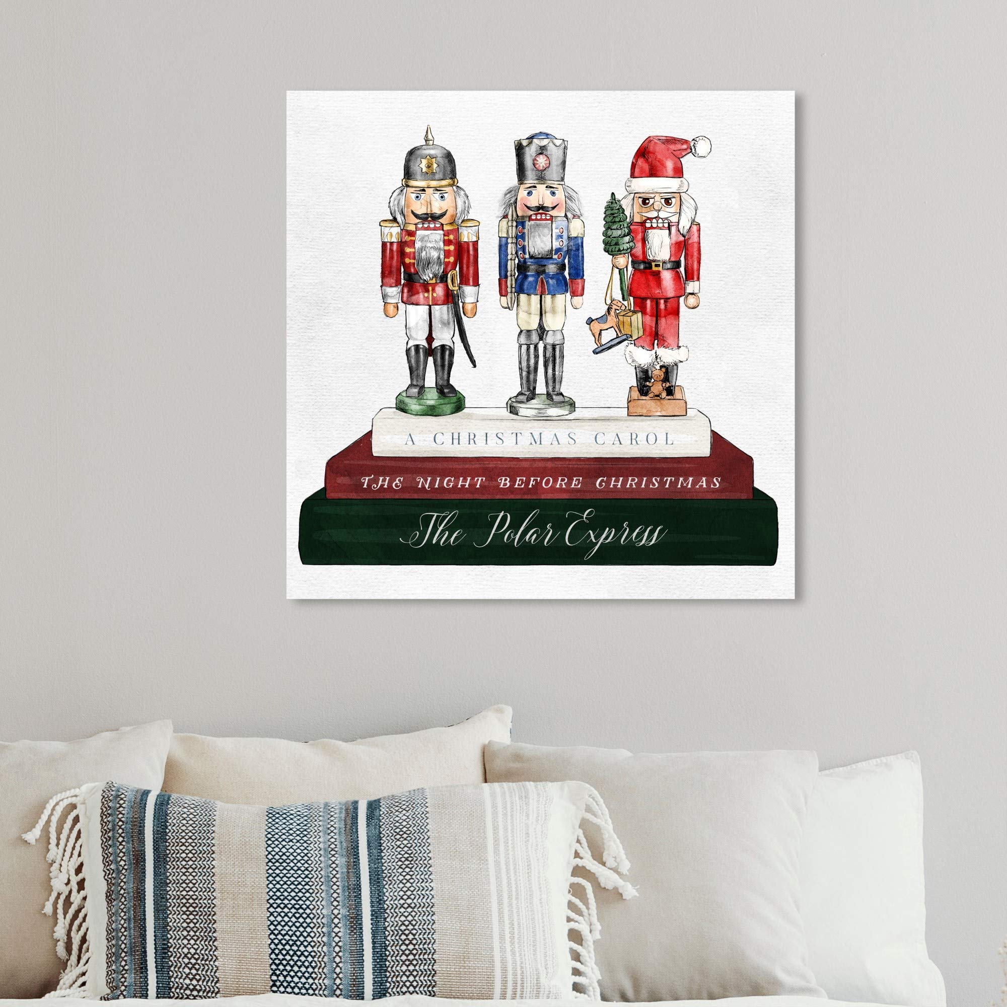 Wynwood Studio WynHoliday Christmas Seasonal Canvas Wall Art Painting Print 'Holiday Nutcracker Books' Christmas Home Décor, 12" x 12", Green, Red