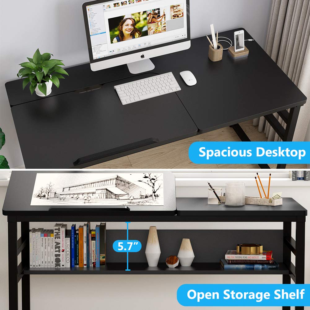 Tribesigns Modern Drafting Desk Drawing Table with Storage Shelf, 55 inch Large Computer Desk Writing Desk Craft Workstation with Tiltable Tabletop for Artist, Home Office (Black)