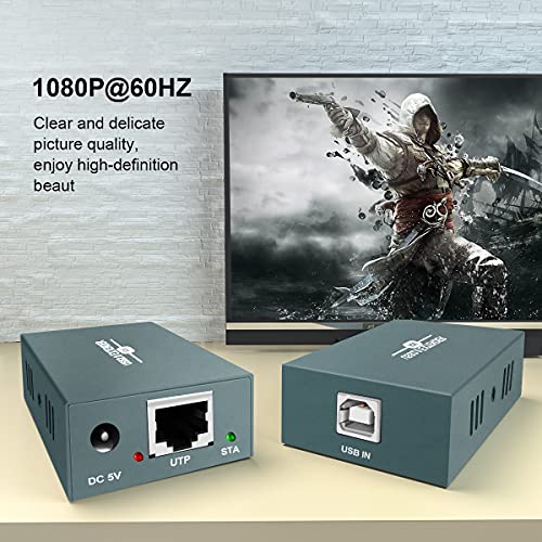 USB Extender Over Ethernet RJ45 LAN Extension, with 4 USB 2.0 Ports, Transmit 50m/165ft Over Ethernet Cat5/5e/6/7, Support Power Over Cable, Play and Plug, No Driver Required