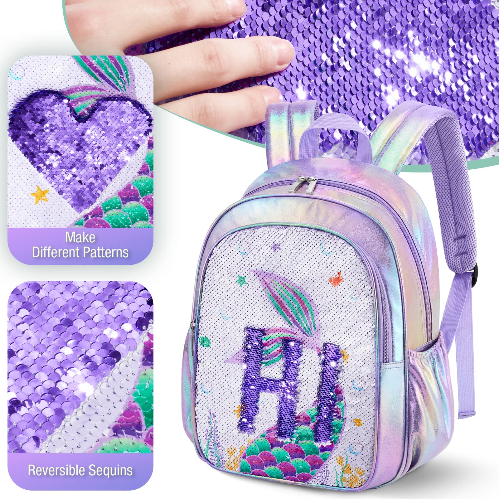 WAWSAM Mermaid Kids Backpack - Sparkly Sequins Backpack for Girls Purple School Bag Personalized 15” Backpack for School Elementary Travel Casual Book Bag for Christmas Birthday Back to School Gift