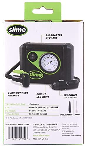 Slime 40059 Tire Inflator, Junior, Compact, Powerful, Portable Car Air Compressor, Lightweight, Analog, Flat Tire Repair, 12V, 12 min Inflation