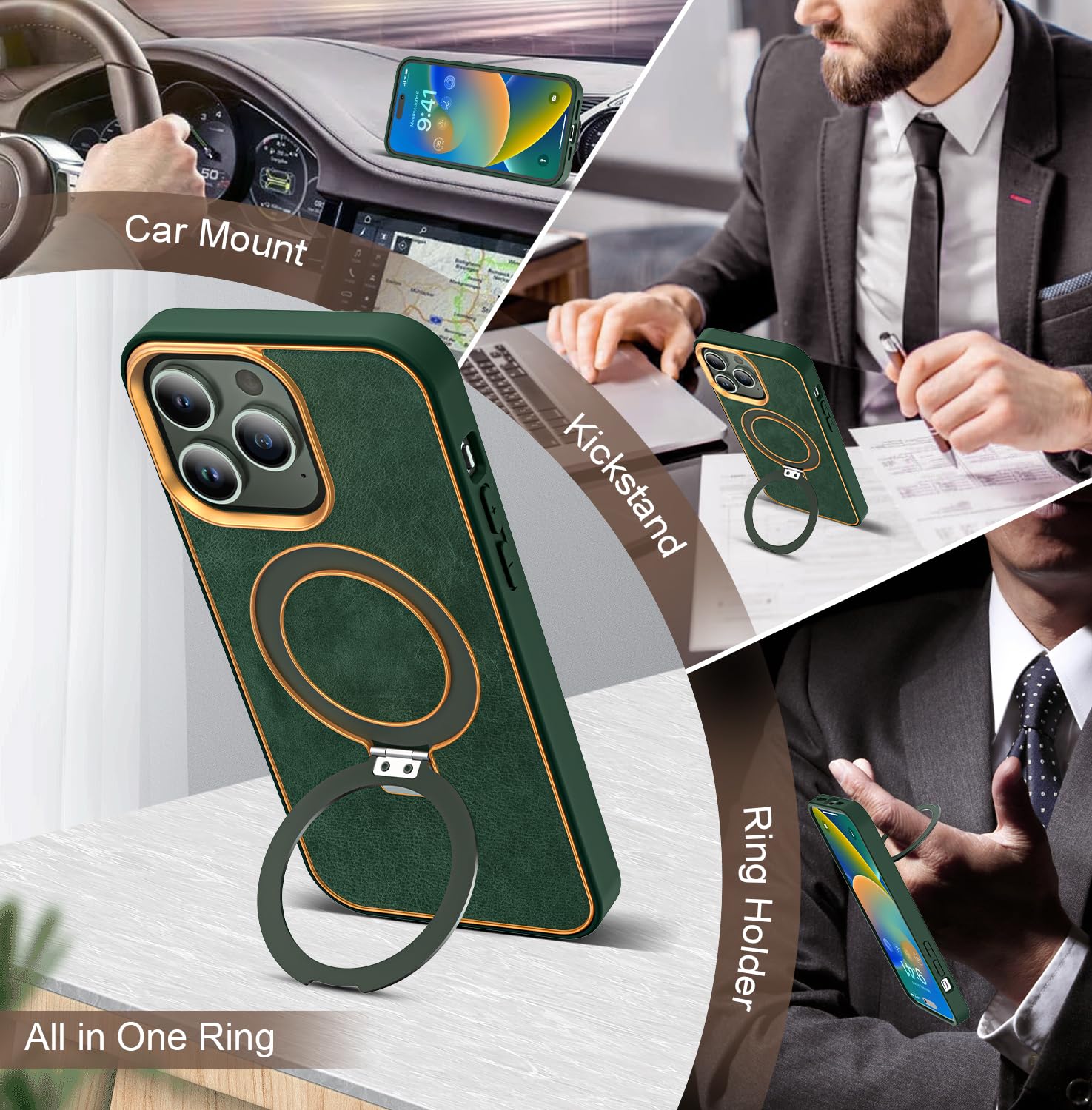 YEMODO for iPhone 14 Pro Case with Magnetic Invisible Ring Stand Leather Business Phone Case Compatible with Magsafe Shockproof Protection Classic Luxury Slim Cover for Women Men,Green