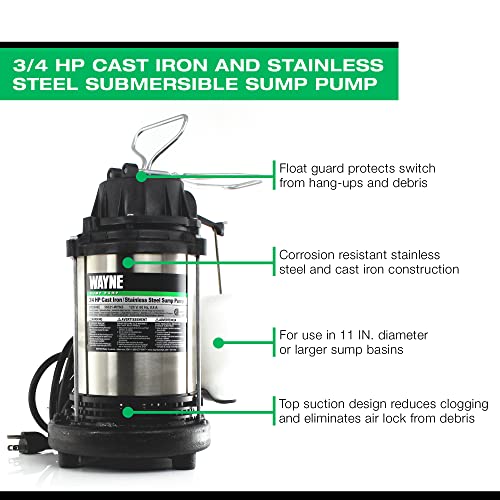 Wayne 58321-WYN3 CDU980E 3/4 HP Submersible Cast Iron and Stainless Steel Sump Pump with Integrated Vertical Float Switch, Large, Silver