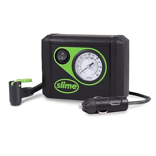 Slime 40061 Tire Inflator, Power Sport, Compact, Lightweight, Analog, Motorcycles, ATVs/UTVs and cars, includes LED light and twist connect hose, 12V and alligator clips, 12 min inflation