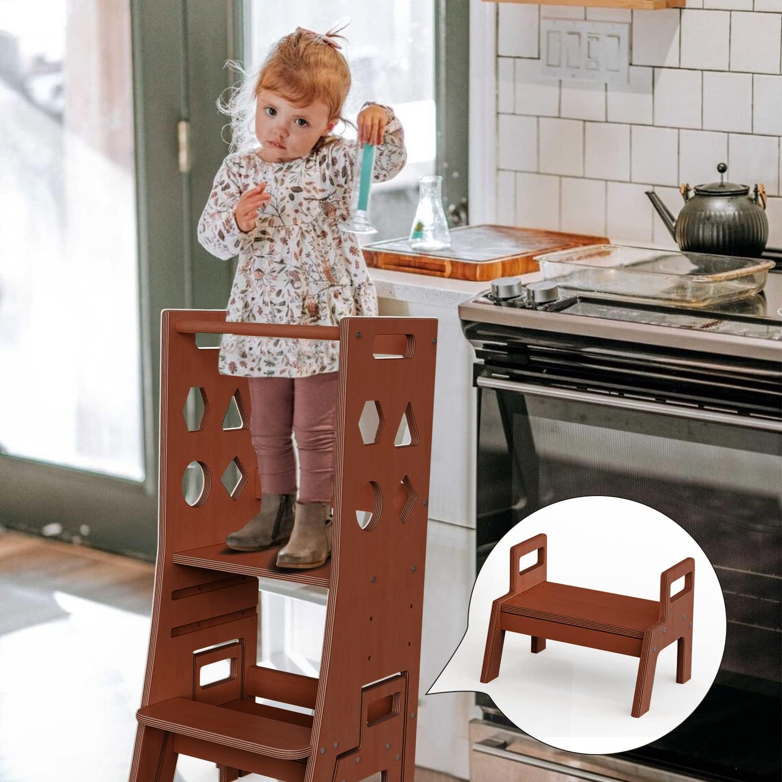 ZARKEET Toddler Standing Tower, 2 in1 Kitchen Toddler Tower Helper Stool for Toddlers 1-3. Adjustable Height Step Stool Helper, Wood Anti-Drop Safety Rail Step Stools for Bathroom & Kitchen Counter