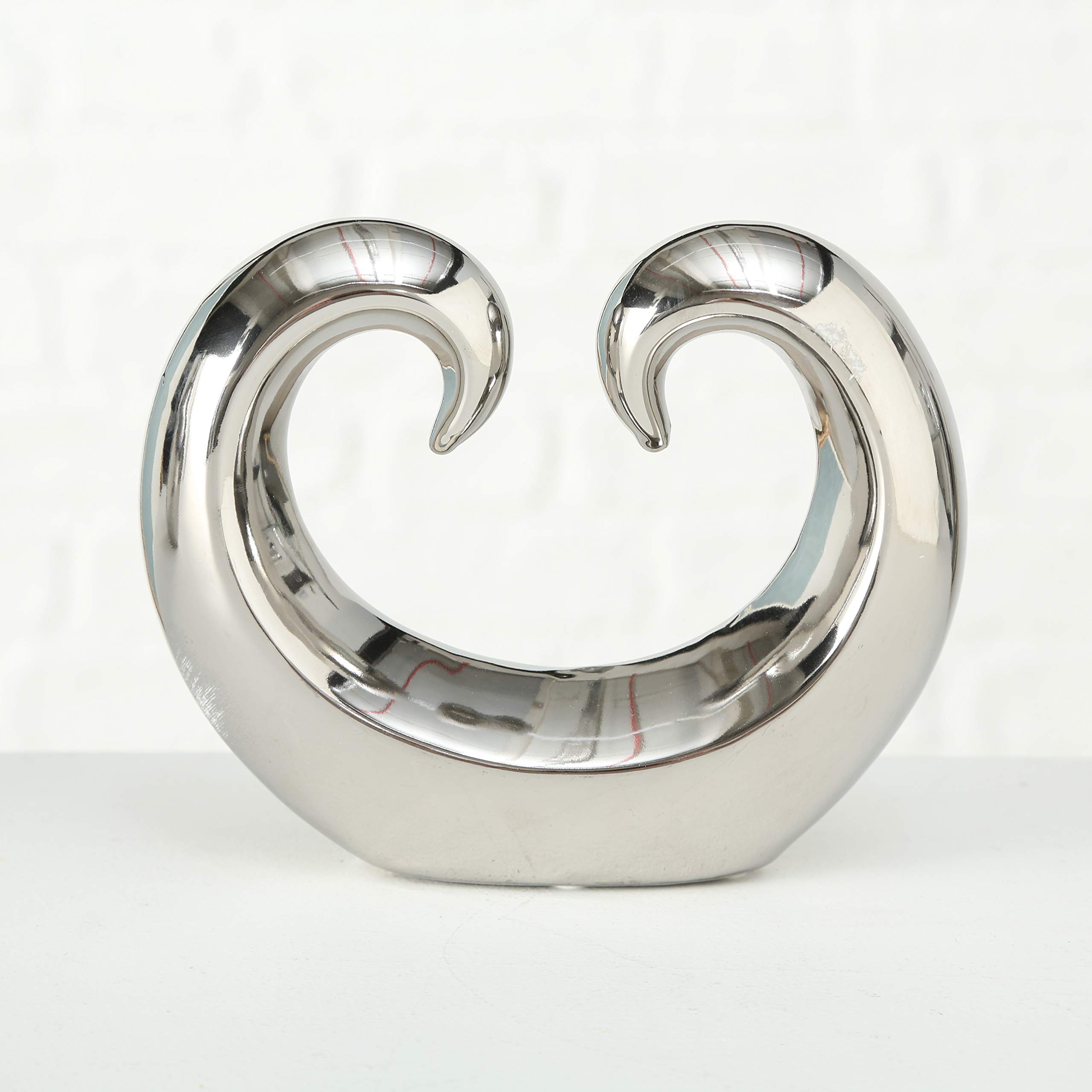WHW Whole House Worlds Eternity Double Curled Wave Sculpture, Decorative Modern Art, Silver Titanium Glazed Ceramic Stoneware, 8 1/4 Inches, Abstract Table Top Accent