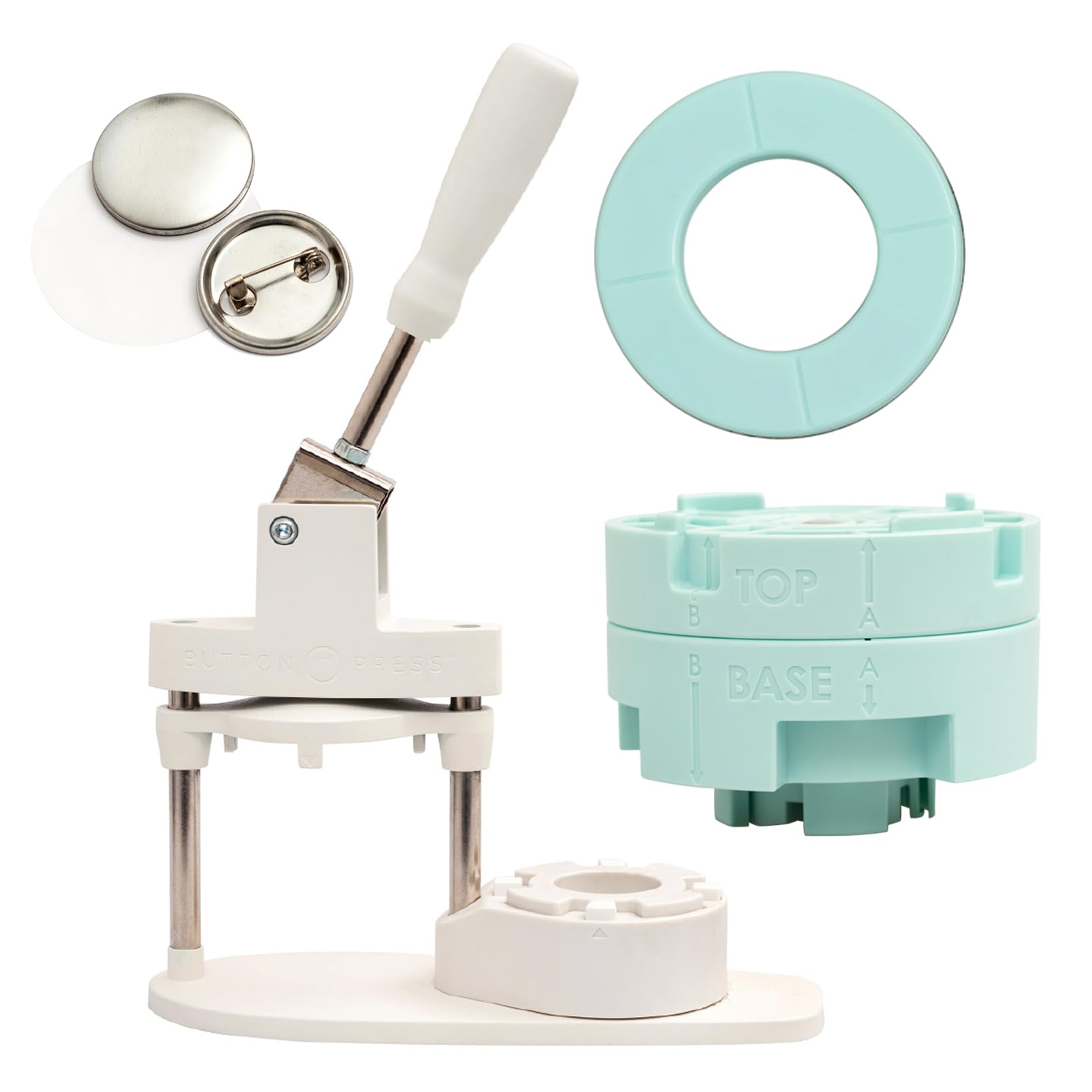 We R Memory Keepers, Button Press Bundle, includes Button Press, Small, Medium, Large Press Insert and Cutting Insert, 30 Buttons, 30 Foam Stickers, Make Pins, Buttons, Badges, Keychains and More