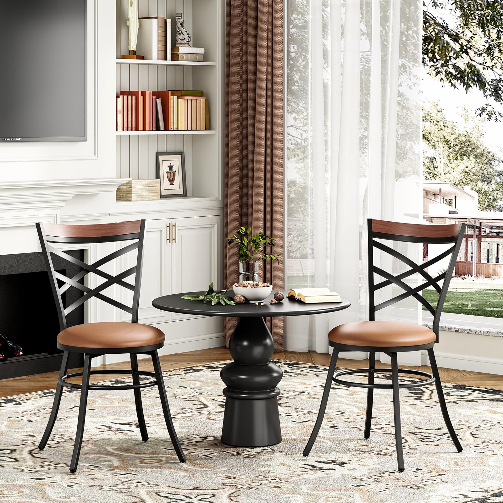 Soohow Upholstered Set of 2, Faux Leather Cushion Mid Century X Back Comfortable Swivel Room Retro Set,350LB,Whisky, Dining Chairs 2 PCS, Whiskey Brown
