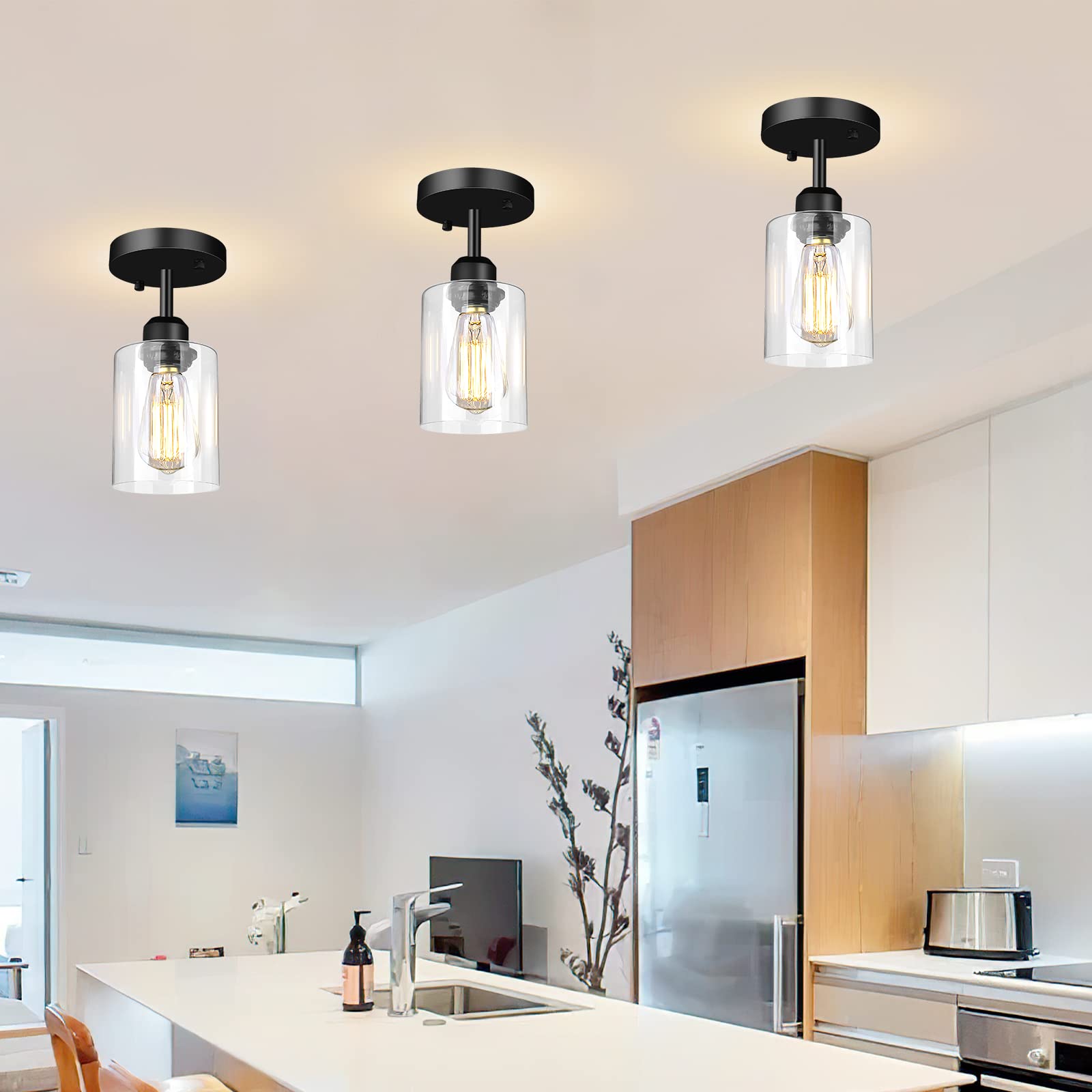 Sheetea 3-Pack Semi Flush Mount Ceiling Lights, Modern Close to Ceiling Light Fixtures with Clear Glass Shades, Black Industrial Lighting Ceiling Mount for Hallway Entryway Kitchen Bedroom Foyer