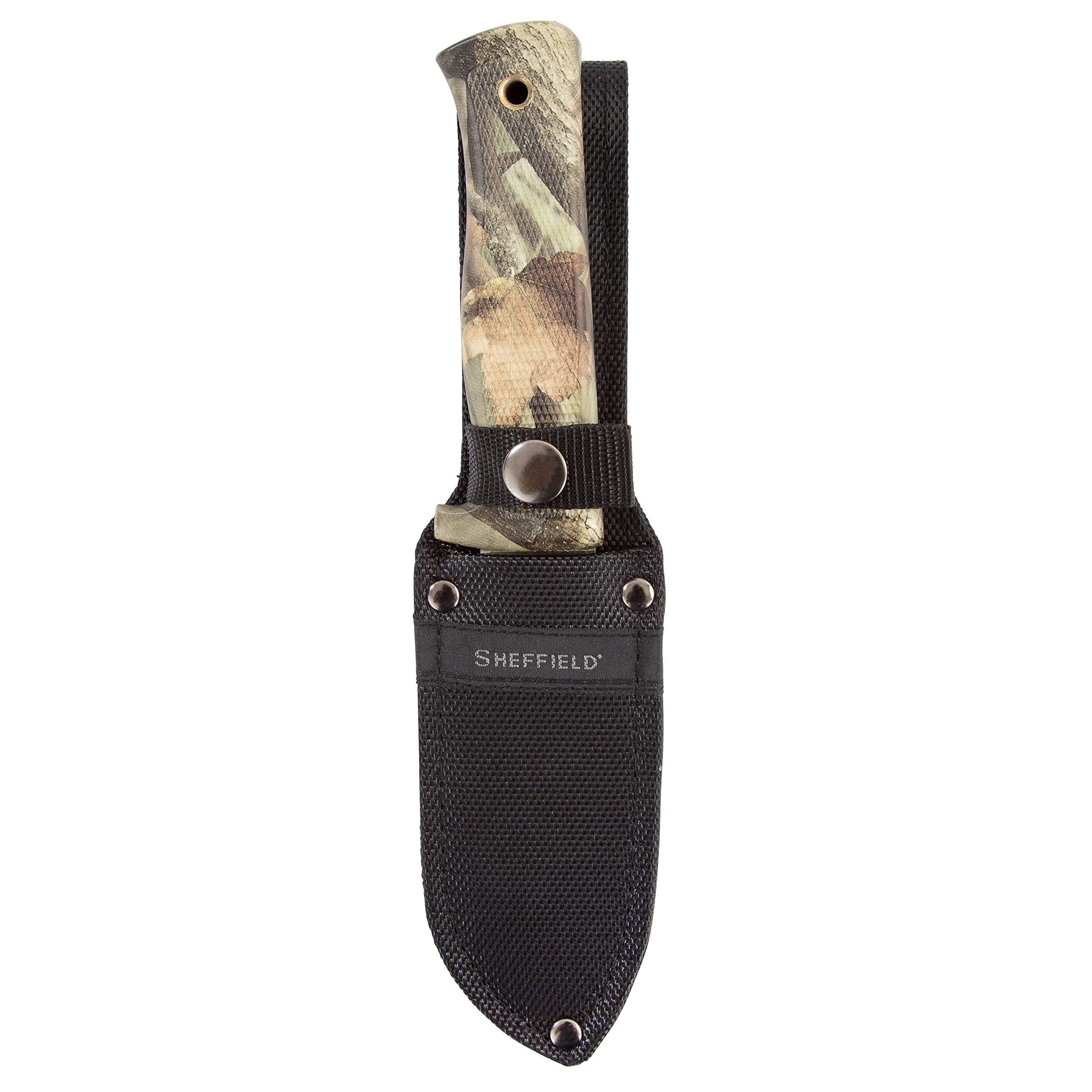 Sheffield 12185 Bax Camo Fixed Blade Hunting Knife with 4.5 Drop Point Blade, Full Tang, Camouflage Slip-Resistant Handle, For Skinning Game, Camping, Defense, & More
