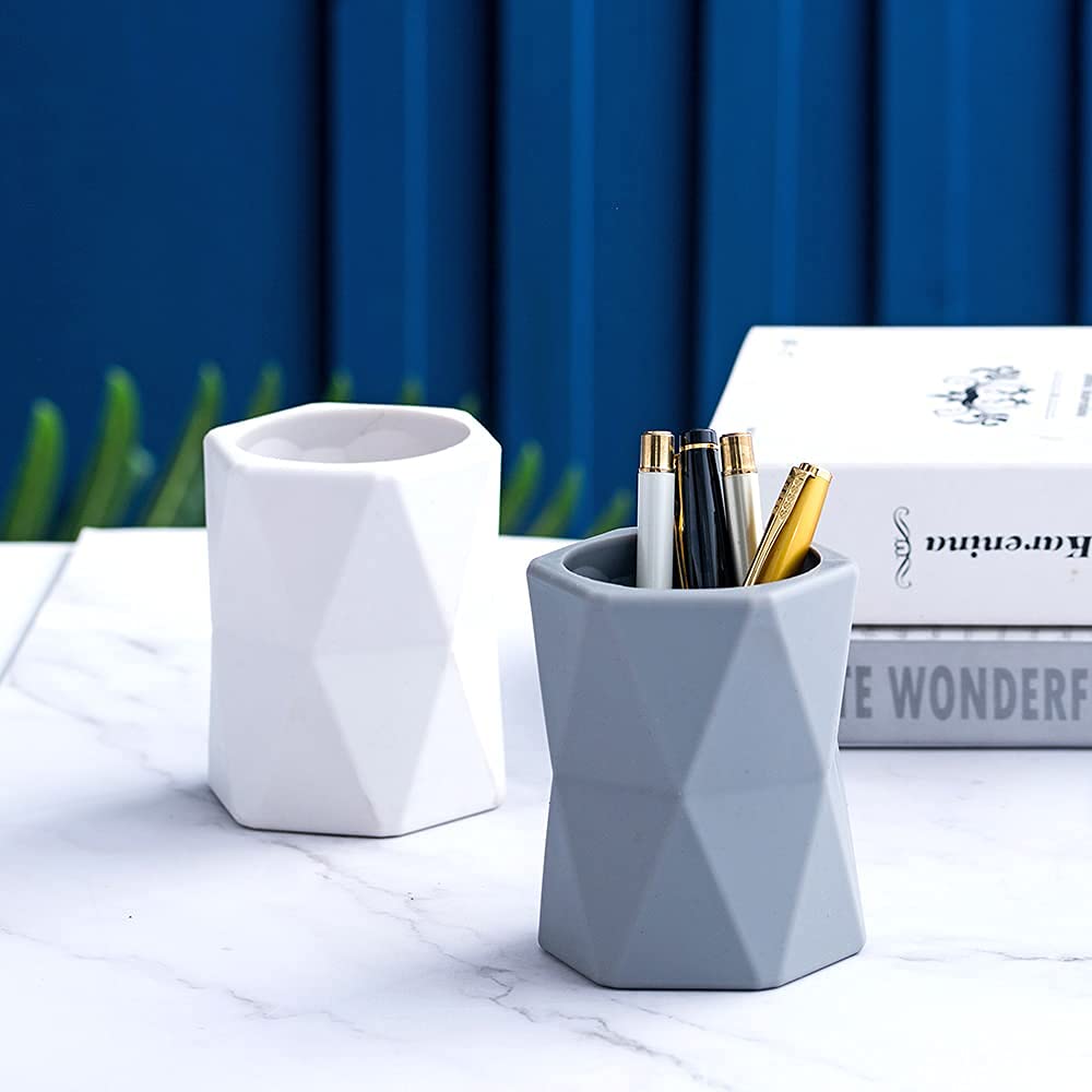 YOSCO Silicone Pencil Holder for Desk Cute Geometric Pen Cup Pot Stand for Desktop Organizer Makeup Brush Holder (White)