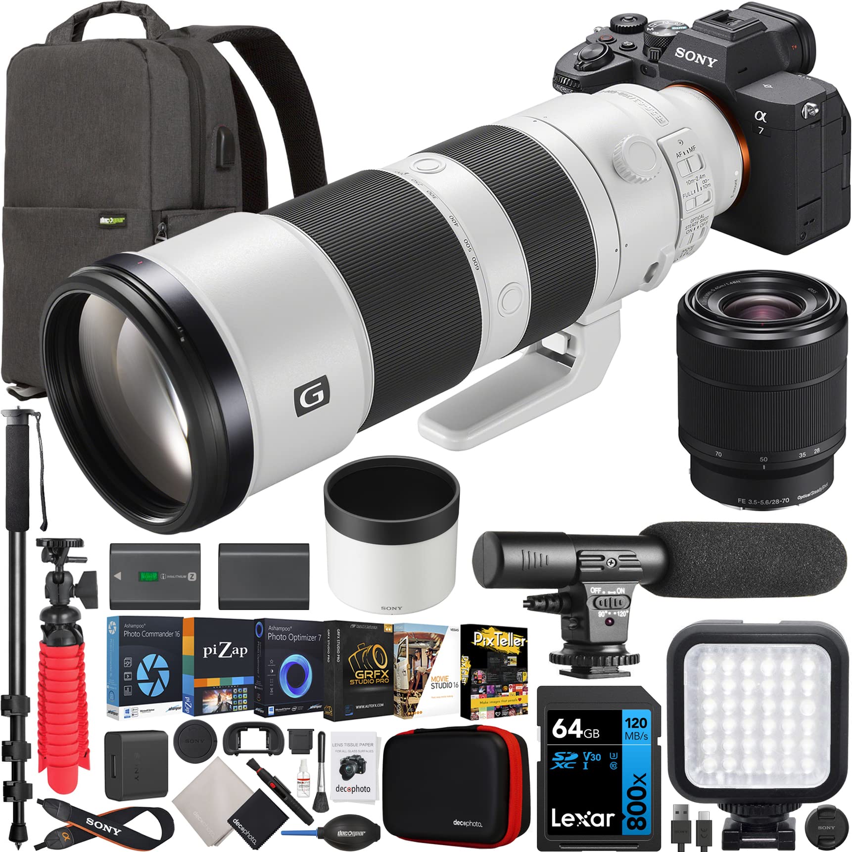 Sony a7 IV Full Frame Mirrorless Camera Body with 2 Lens Kit FE 200-600mm F5.6-6.3 G OSS + 28-70mm ILCE-7M4K/B + SEL200600G Bundle w/Deco Gear Backpack + Monopod + Extra Battery, LED and Accessories