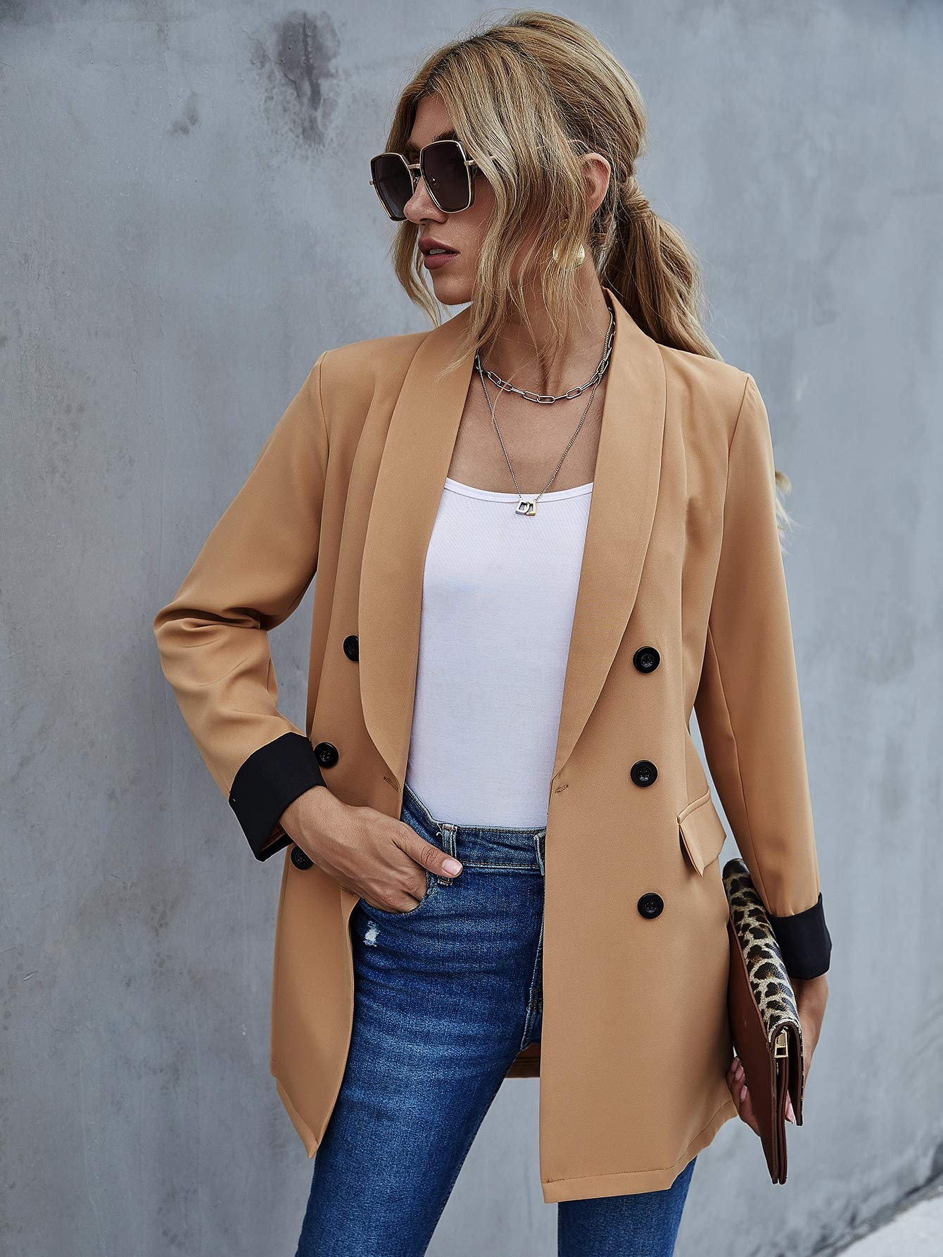 SheIn Women's Long Sleeve Double Breasted Long Blazer Shawl Collar Button Jacket Khaki Small