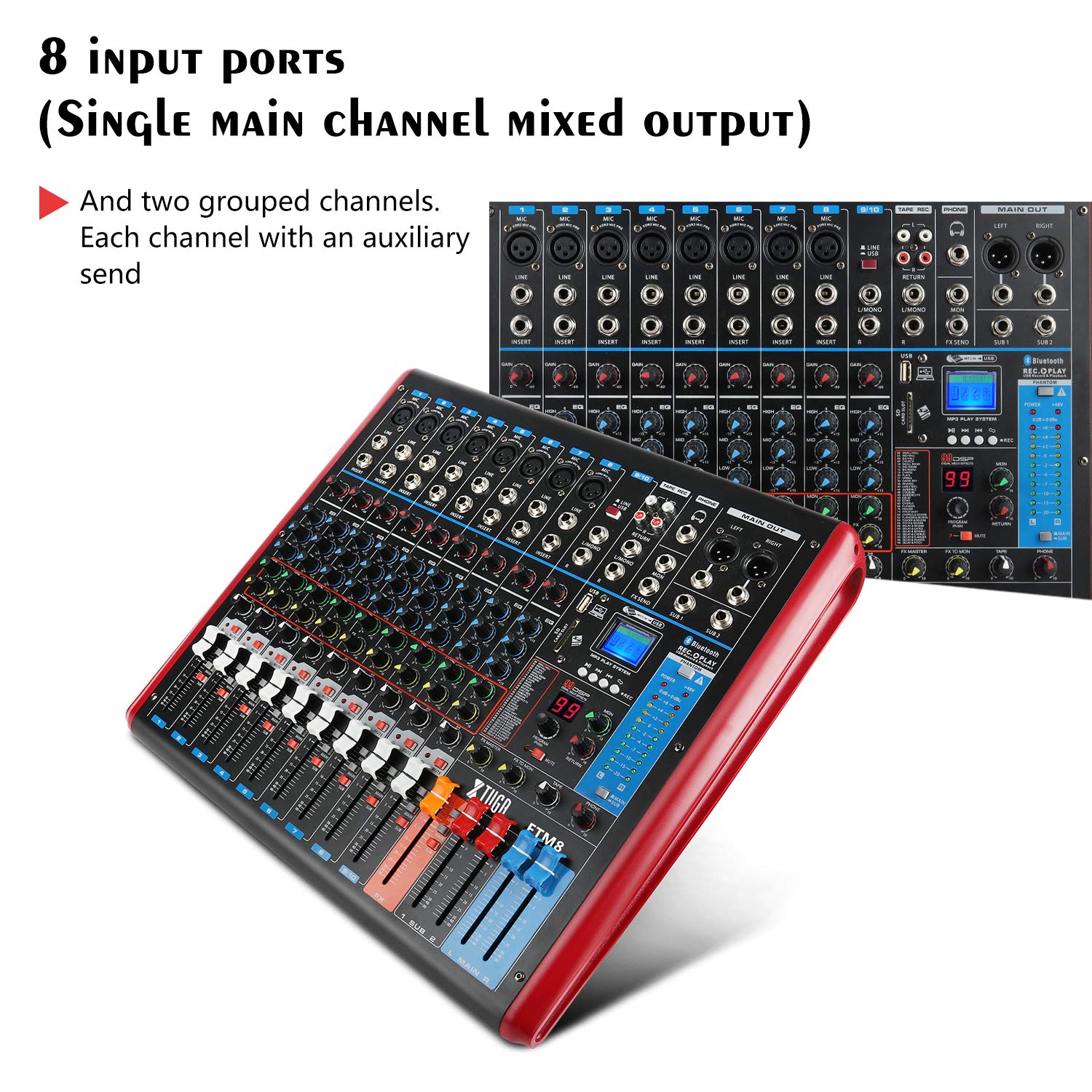 XTUGA FTM8 8-Channel Professional Audio Mixer Sound Built-in 99-bit DSP Digital effect with Recordable function and Digital display MP3,Bluetooth,USB,EQ,Effects (8-Channel)