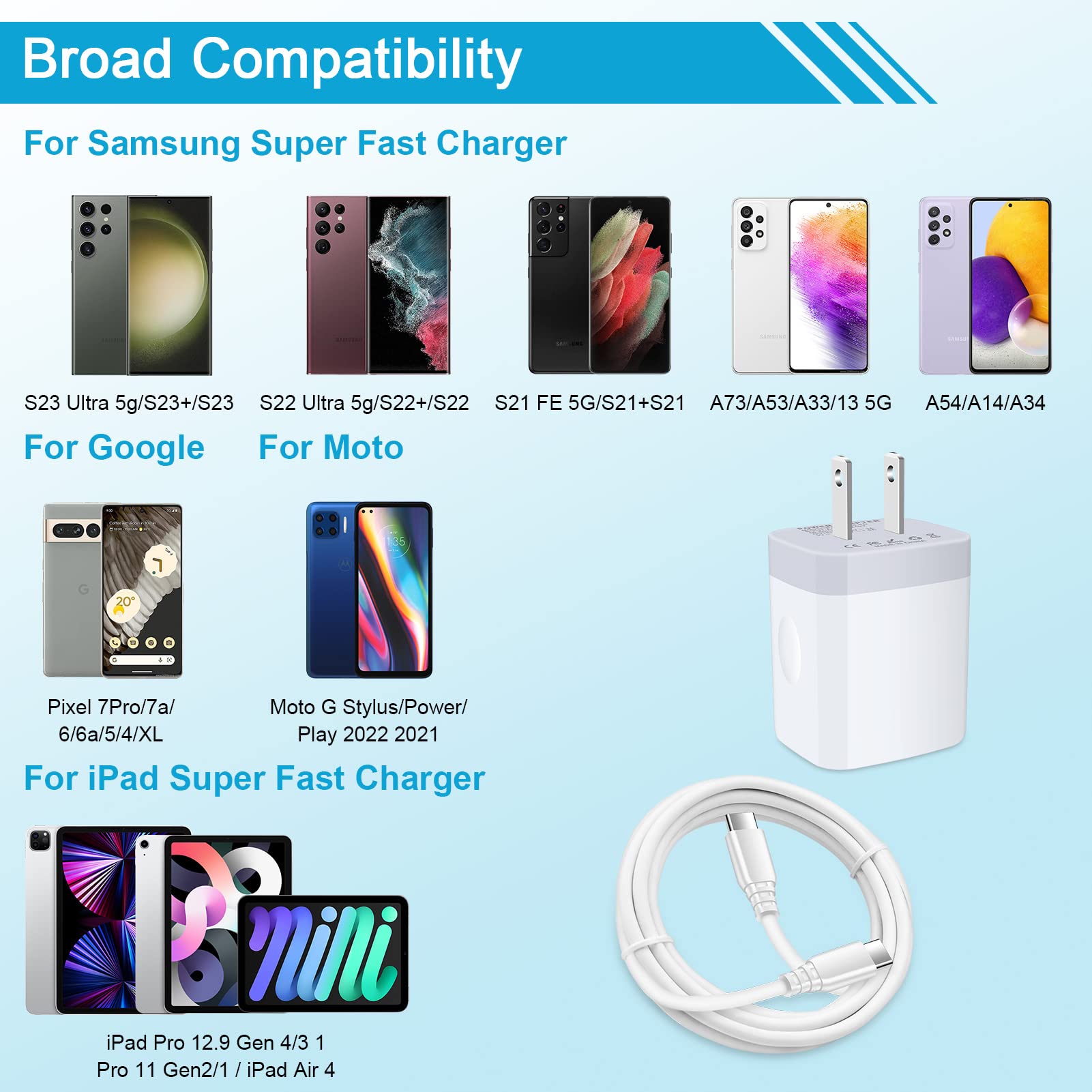 USB C Pixel 7a Charger Block for Google Pixel 8Pro 7 6a 6 5 4 3,Super Fast Charging Type C Wall Plug 20W,6ft USB C Cable for iPhone 15,Samsung Galaxy S24 S23 S22 S21 A54 A14 A13 A34 A53 Z Fold 5 4 5G