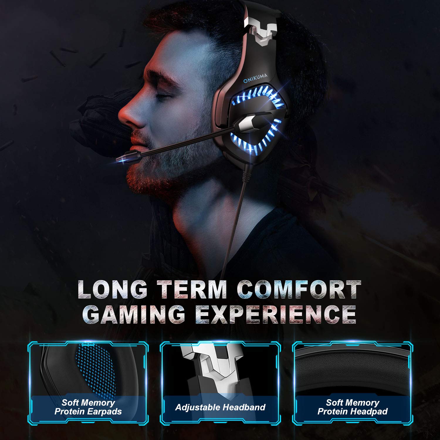 Stereo Gaming Headset, DIOWING,【Upgraded 7.1 Bass Surround Sound】 Over Ear Headphones with Mic for PS4, PC, Xbox One Controller, LED Light, Soft Memory Earmuffs for Laptop Mac Nintendo Switch Games, K1pro (K1pro-Black)
