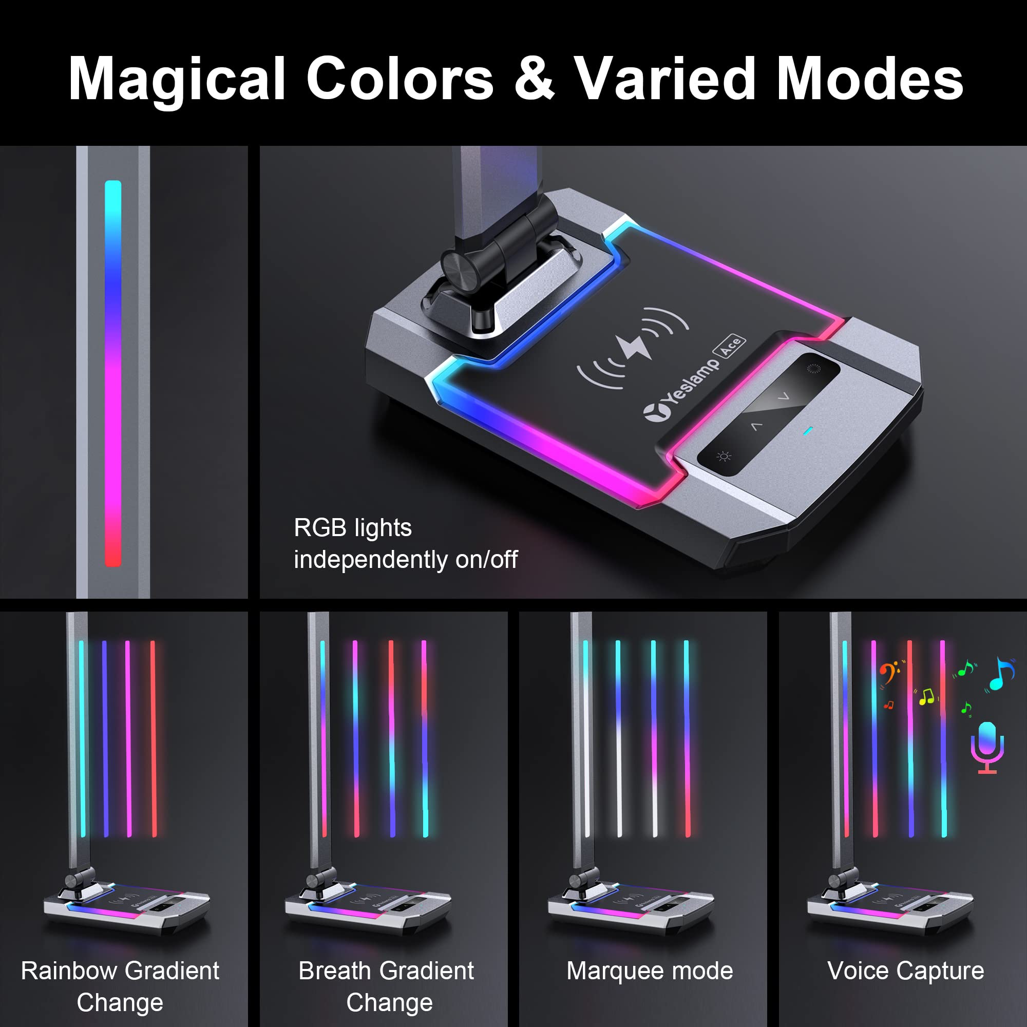 Yeslamp LED Desk Lamp with 10W Wireless and 24W USB-C Fast Charging, Ace RGB Dynamic, Natural Spectrum Desk Light,6 RGB Lighting Modes/Music Rhythm, Perfect for Gaming Setup, Live Video, Study, Home