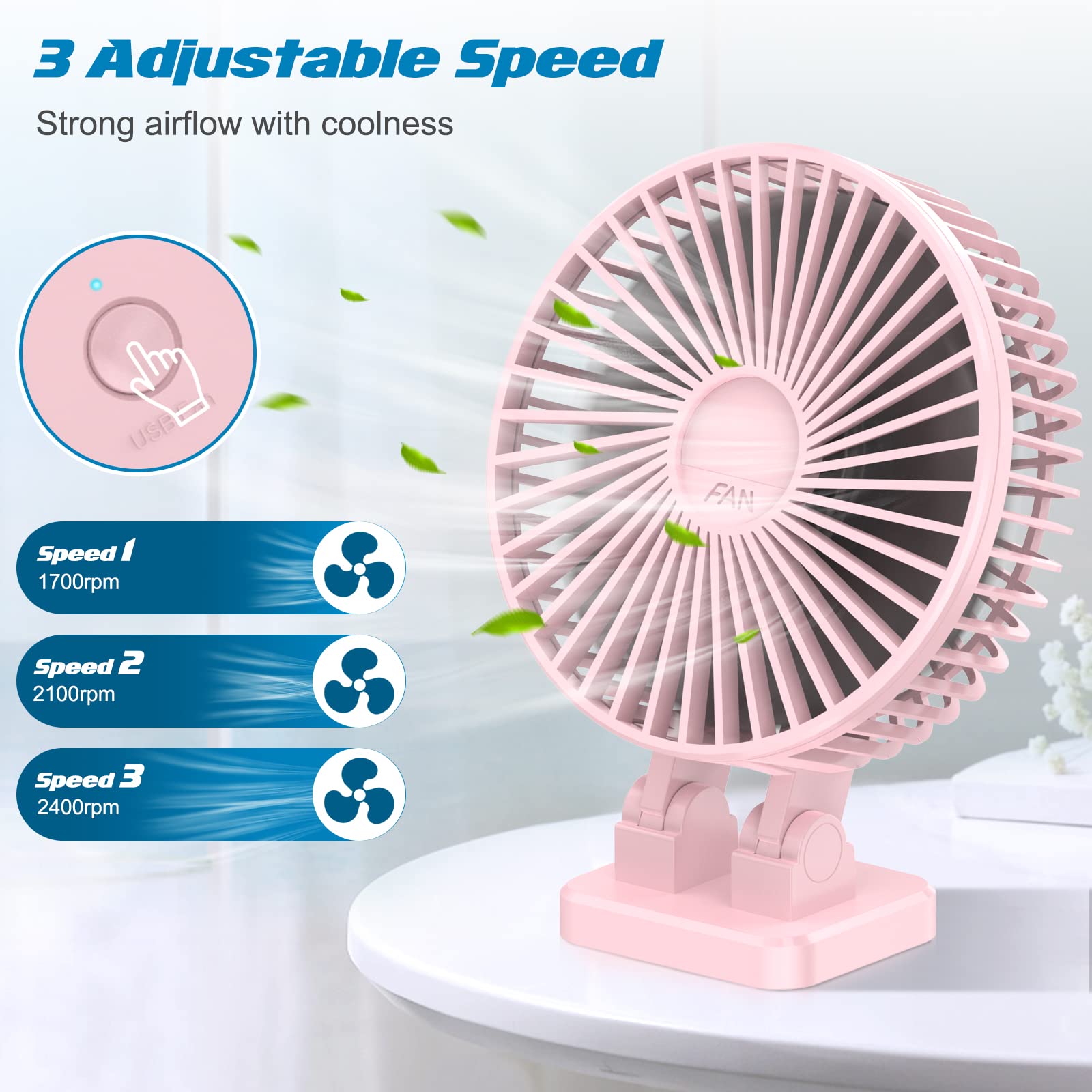 USB Fan for Desk, Mini Desk Fan, 3 speed in Single Button, Rotation Strong Wind Desktop Cooling Fan, Quite Mini Personal Fan for Home Office Table, 5inch (Pink)