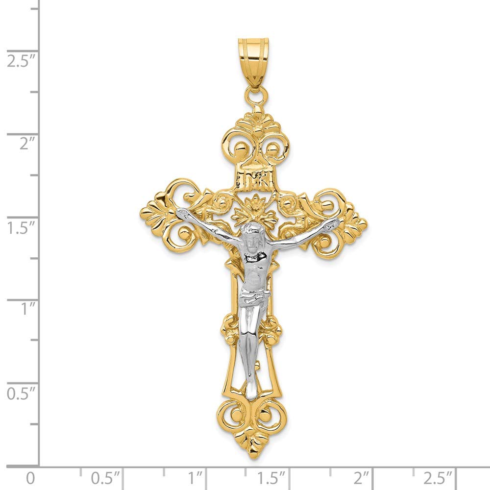 Solid 14k Yellow and White Gold Two Tone INRI Fleur De Lis Cross Pendant Crucifix Charm - 68mm x 36mm