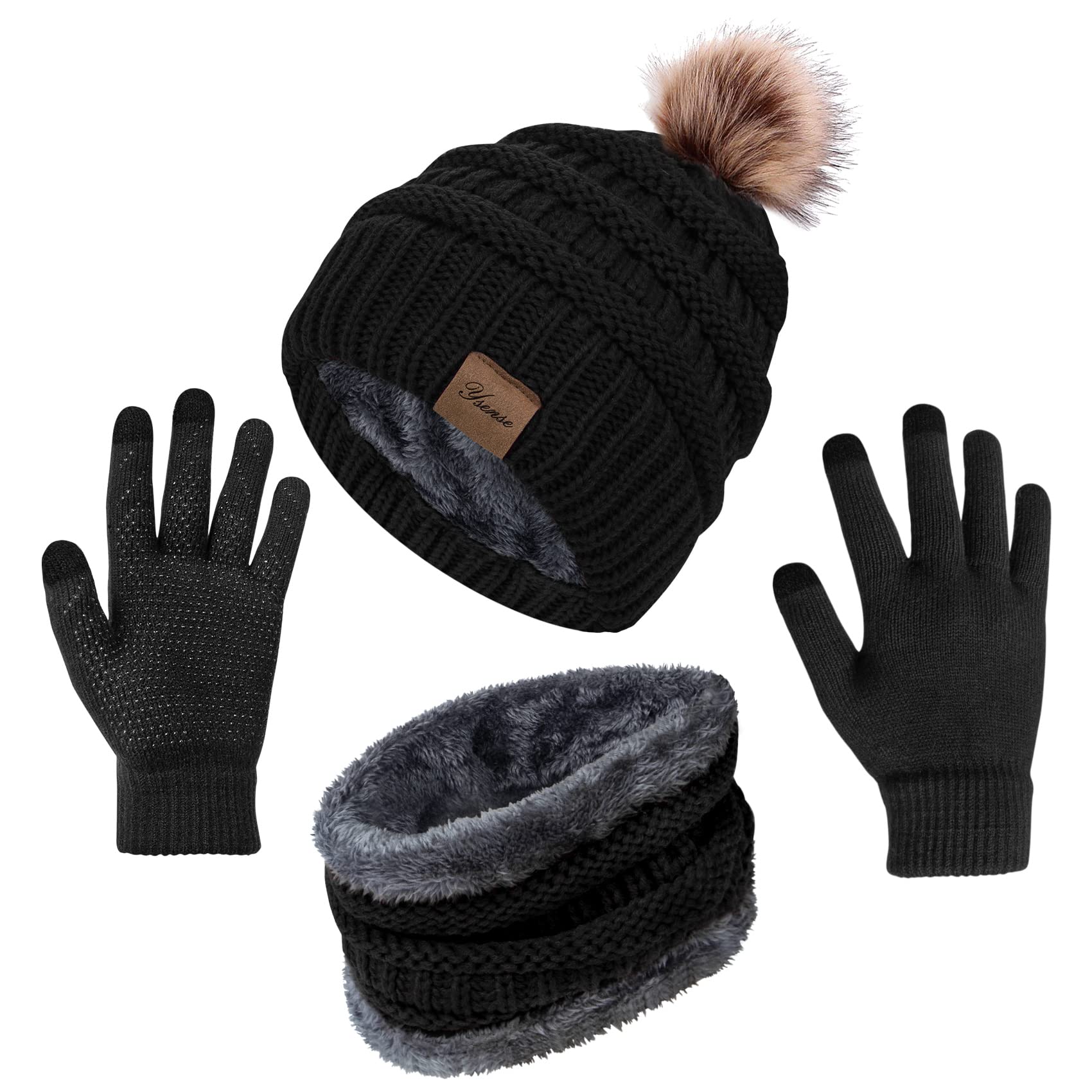 YSense Womens Winter Hat Scarf Glove Set, Warm Fleece Lined Pom Beanie Hat Neck Warmer and Touchscreen Gloves