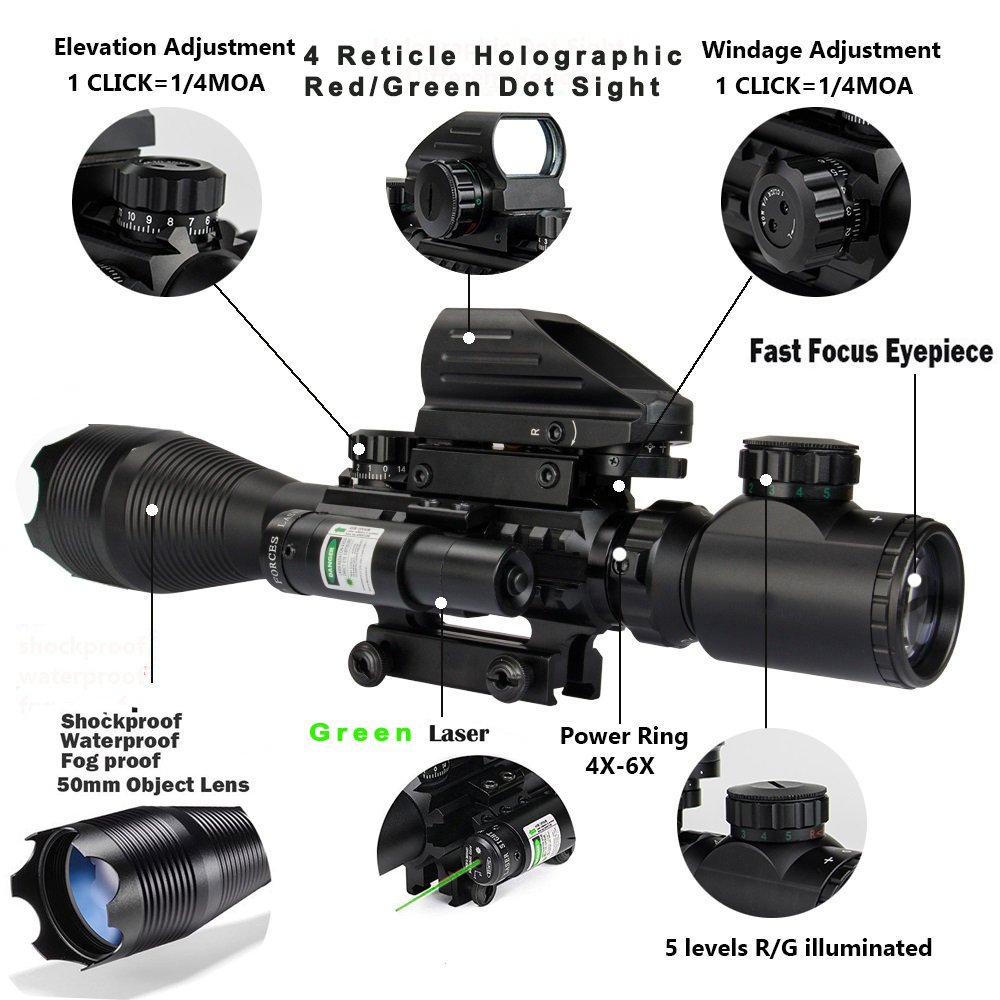 Rifle Scope Combo 4-16x50EG Dual Illuminated with Green Laser sight 4 Holographic Reticle Red/Green Dot for Weaver/Rail Mount