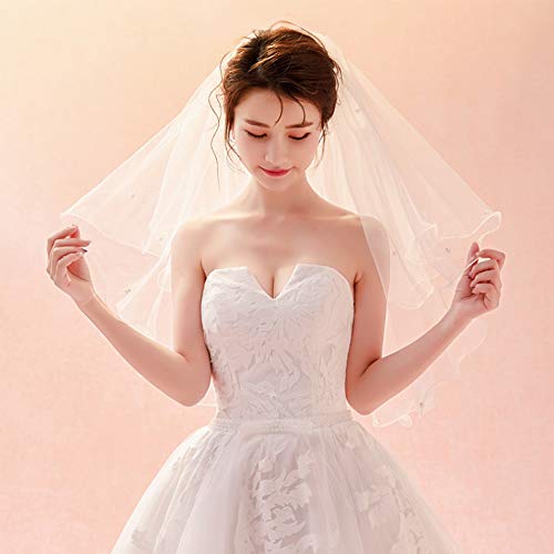 Wedding Veil,White Bridal Veil with Comb, 3 Tier Ribbon Edge with Pearl Center Cascade for Bachelorette Party