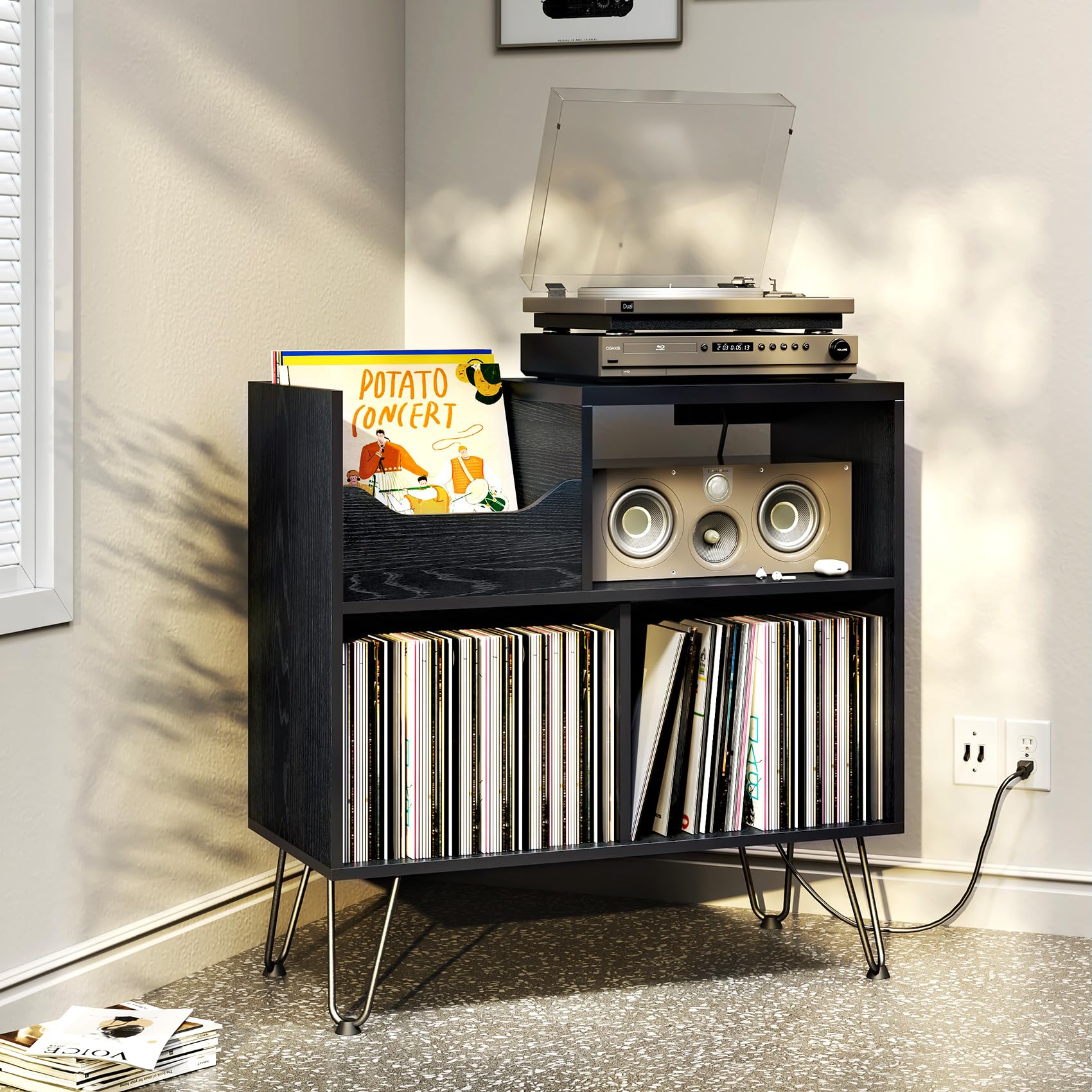 TC-HOMENY Record Player Stand with Vibration-Isolated Turntable Design, Vinyl Record Storage Table with Charging Station, Mid-Century Modern Turntable Stand (Black)
