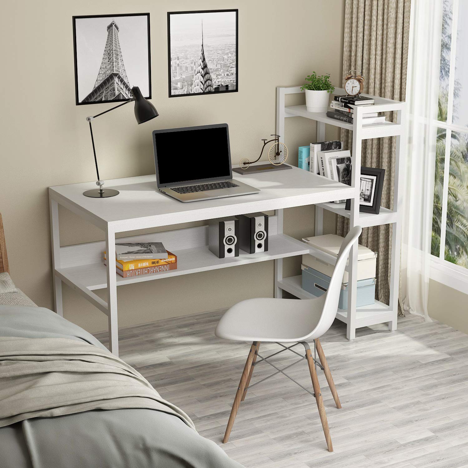 Tribesigns Computer Desk with 4-Tier Storage Shelves, 60 inch Modern Large Office Desk Computer Table Studying Writing Desk Workstation with Bookshelf and Tower Shelf for Home Office(White)