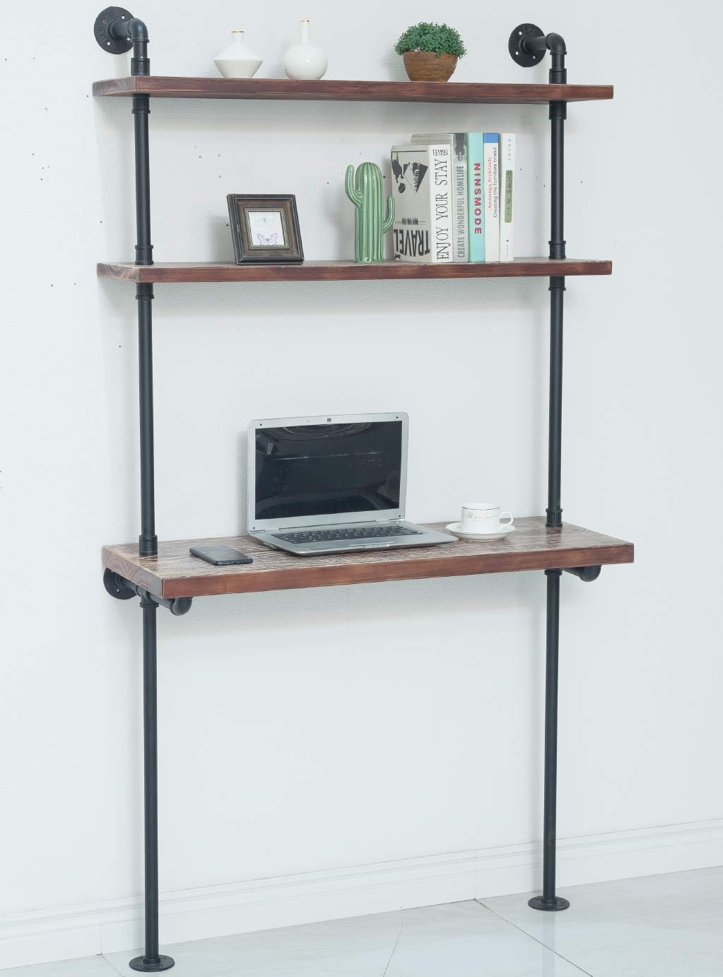 WAKI HOME Industrial Wall Laptop Desk Solid Wood Computer Desk Bookcases Storage Table with Shelves Wall Shelf Bookshelf Floating Shelves for Home Office